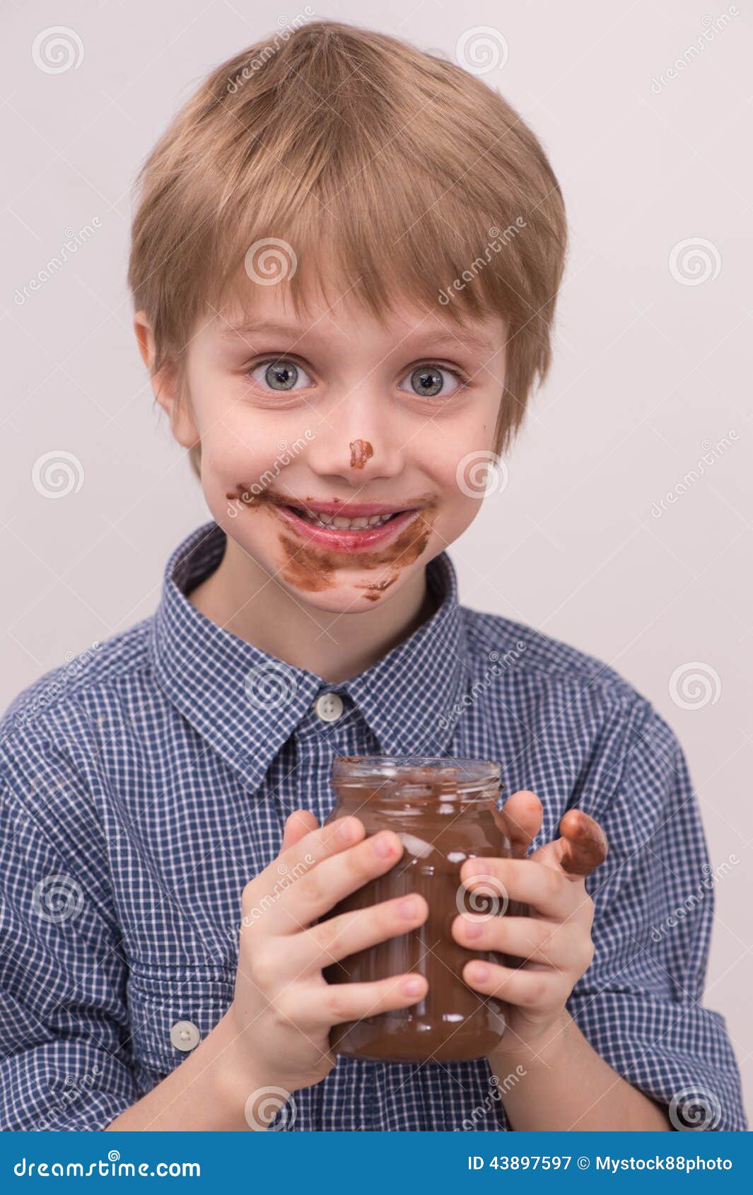 Smiling Kid Eating Chocolate from Jar. Stock Image - Image of caucasian ...
