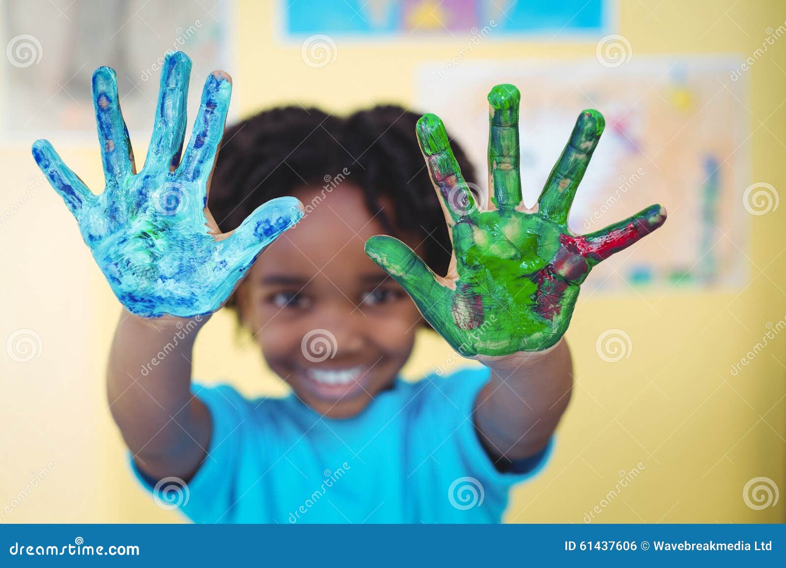 Smiling Kid Holding Up His Hands Stock Photo - Image of paint, pleasure ...
