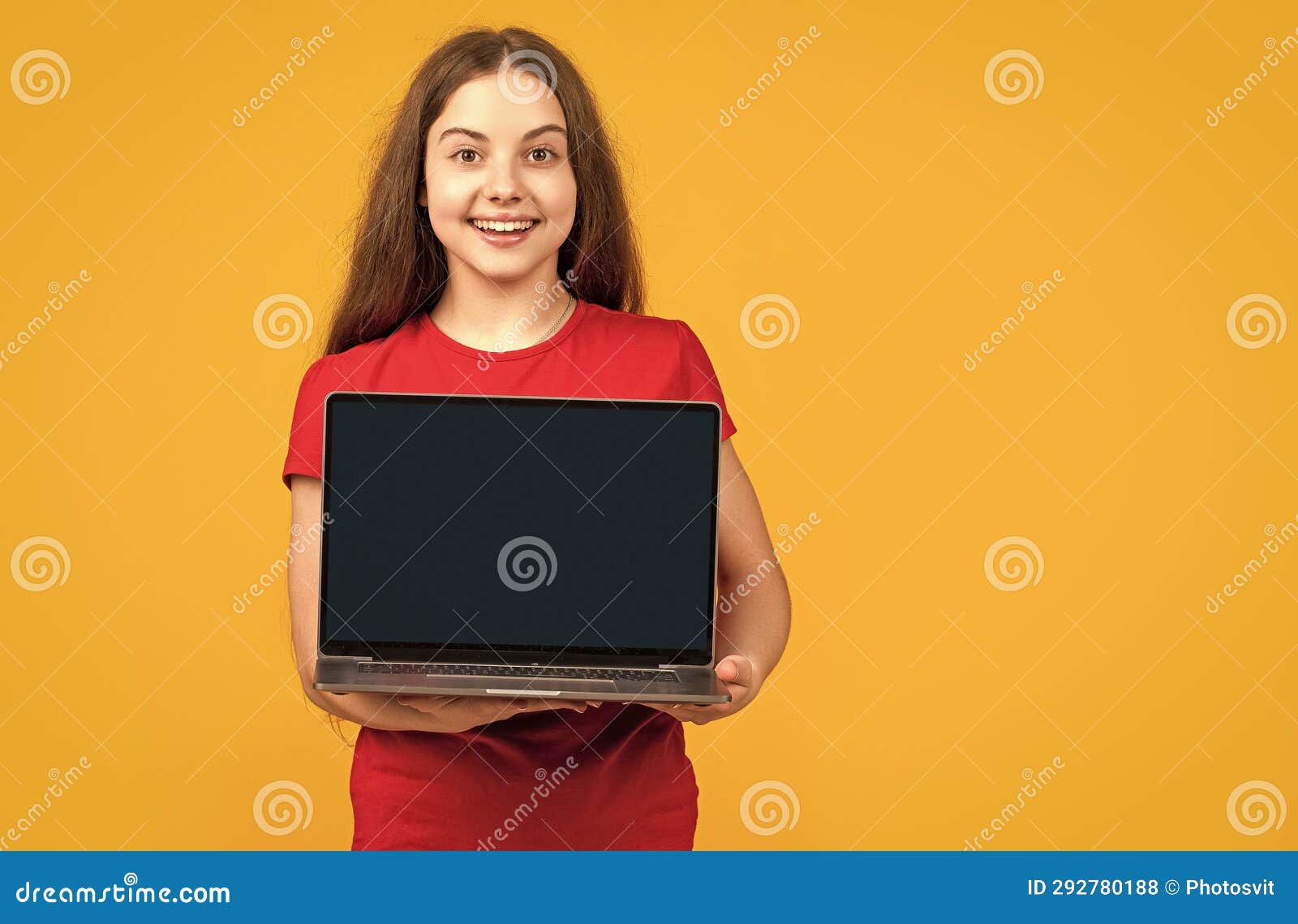 Smiling Kid with Laptop on Yellow Background Stock Photo - Image of ...