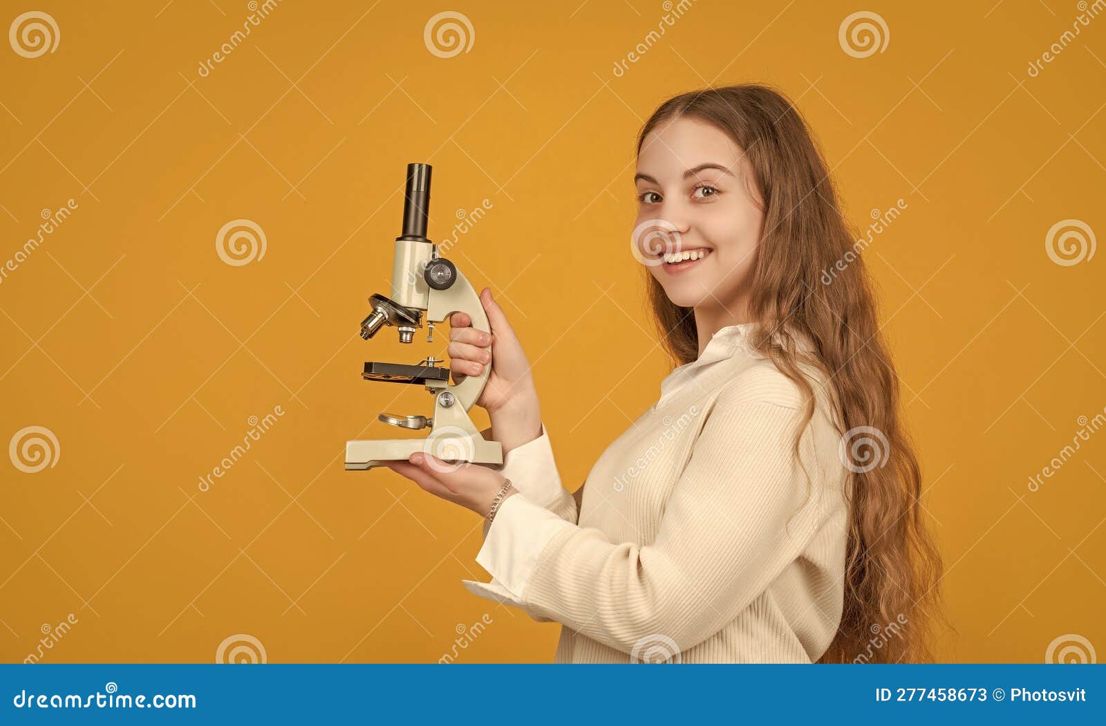 Smiling Kid with Microscope on Yellow Background Stock Image - Image of ...