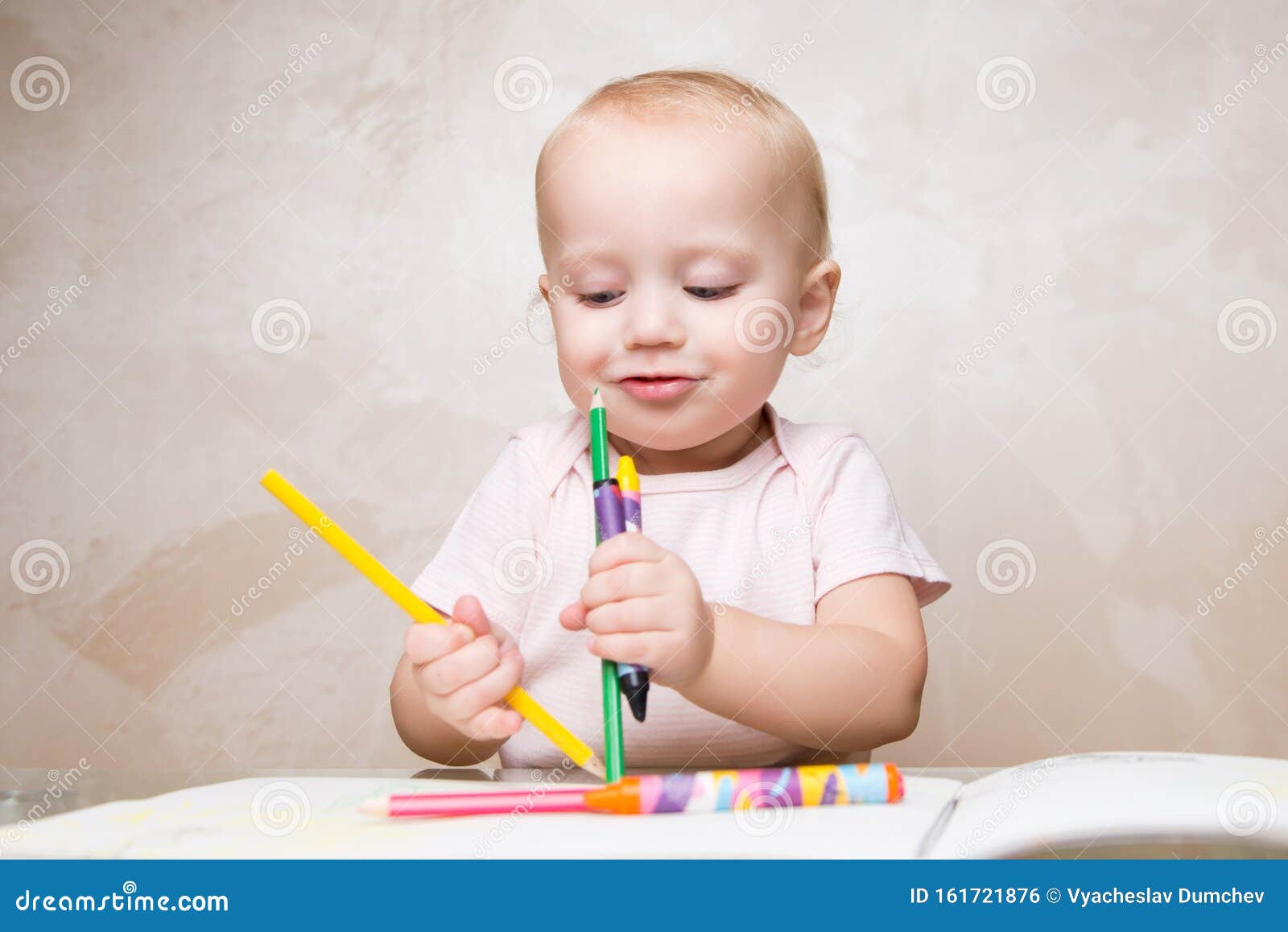 Smiling Kid with Pencils and Crayons, Baby Girl and Pencils Stock Photo ...