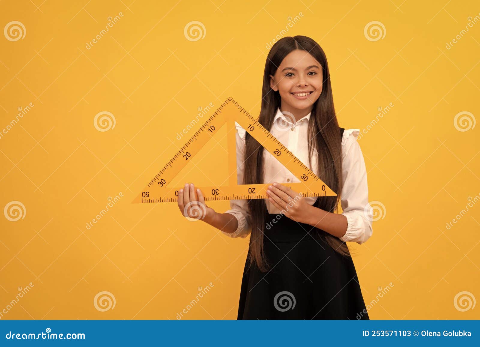 Smiling Kid in School Uniform Hold Mathematics Triangle for Measuring ...