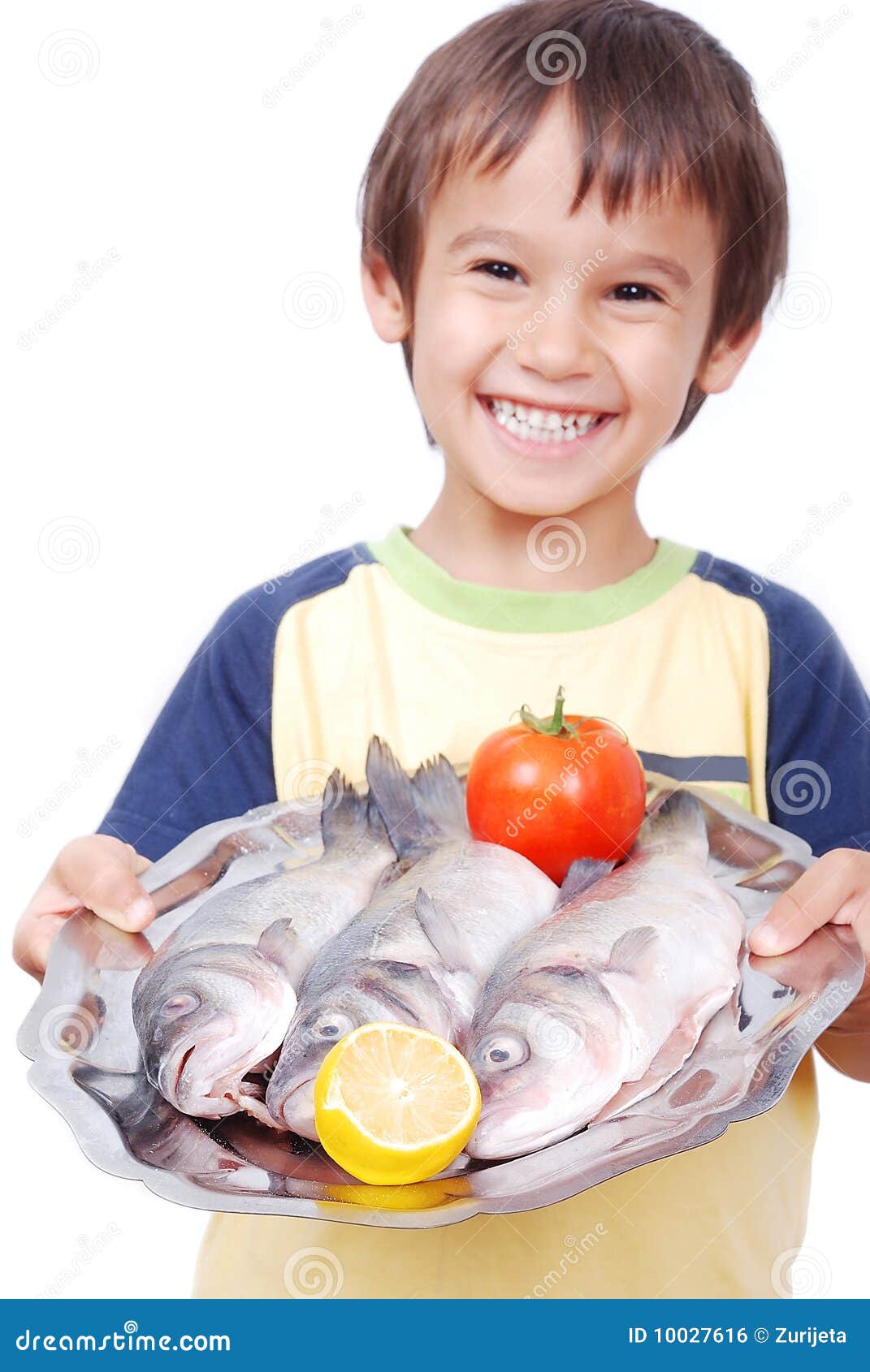 Smiling Kid with Three Fresh Fishes on Table Stock Photo - Image of ...