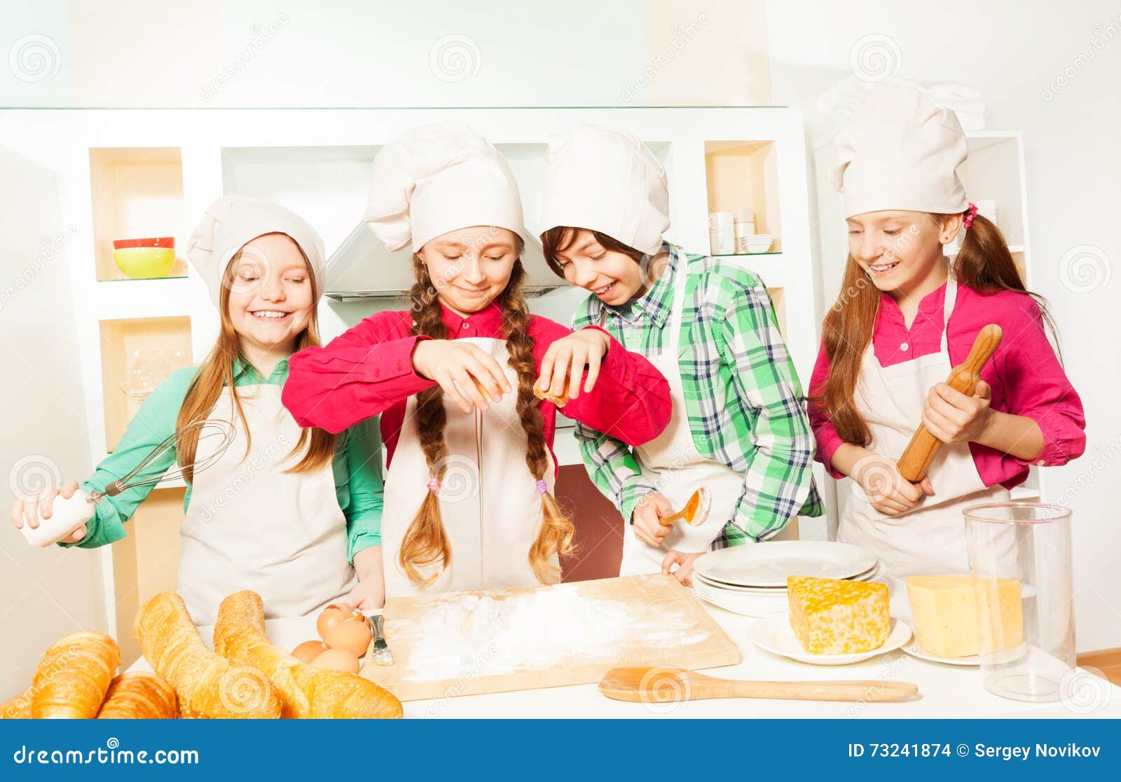 Smiling Kids in Cook S Uniform Making Bakery Dough Stock Photo - Image ...