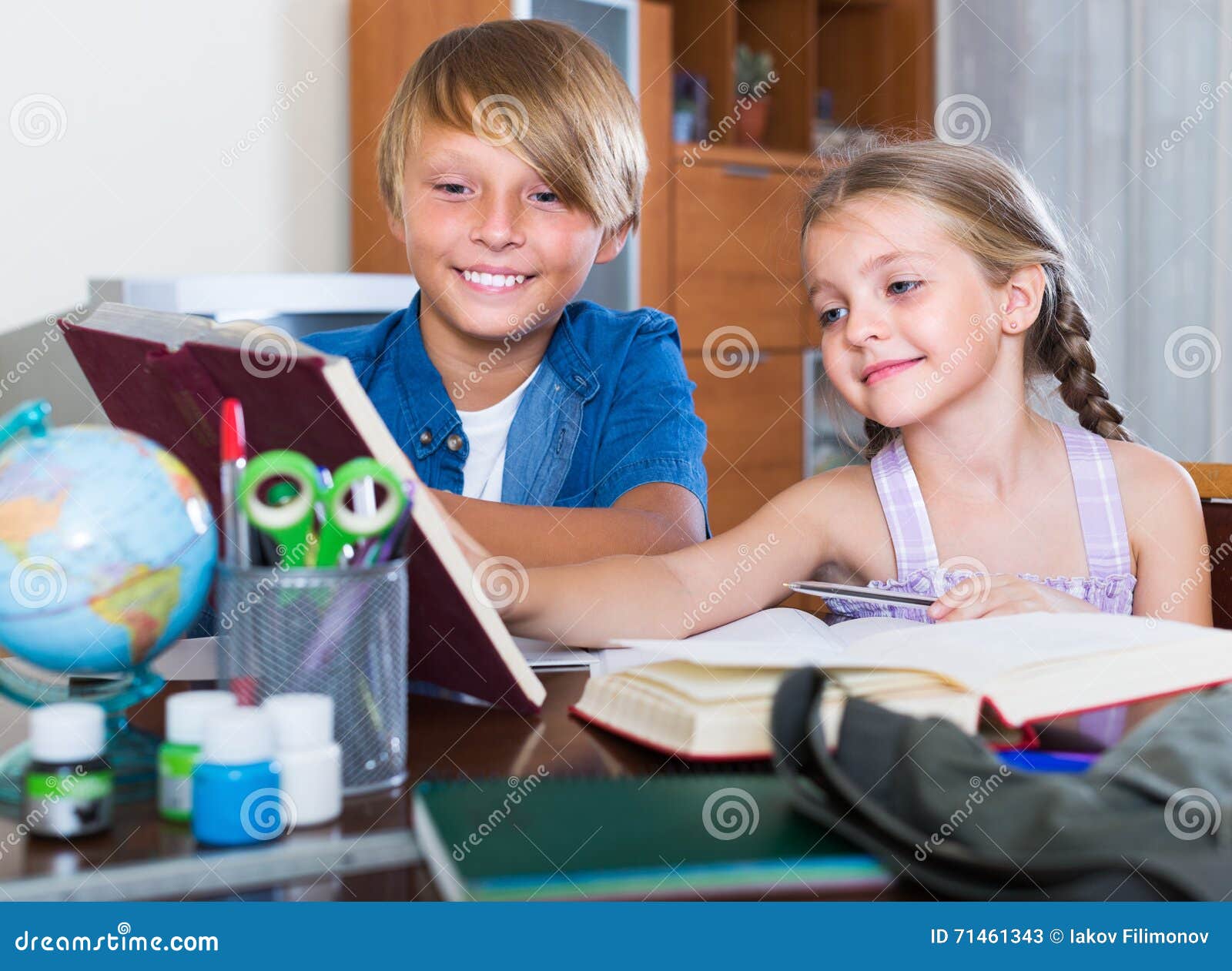 Smiling Kids Reading Books Indoor Stock Image - Image of lifestyle ...