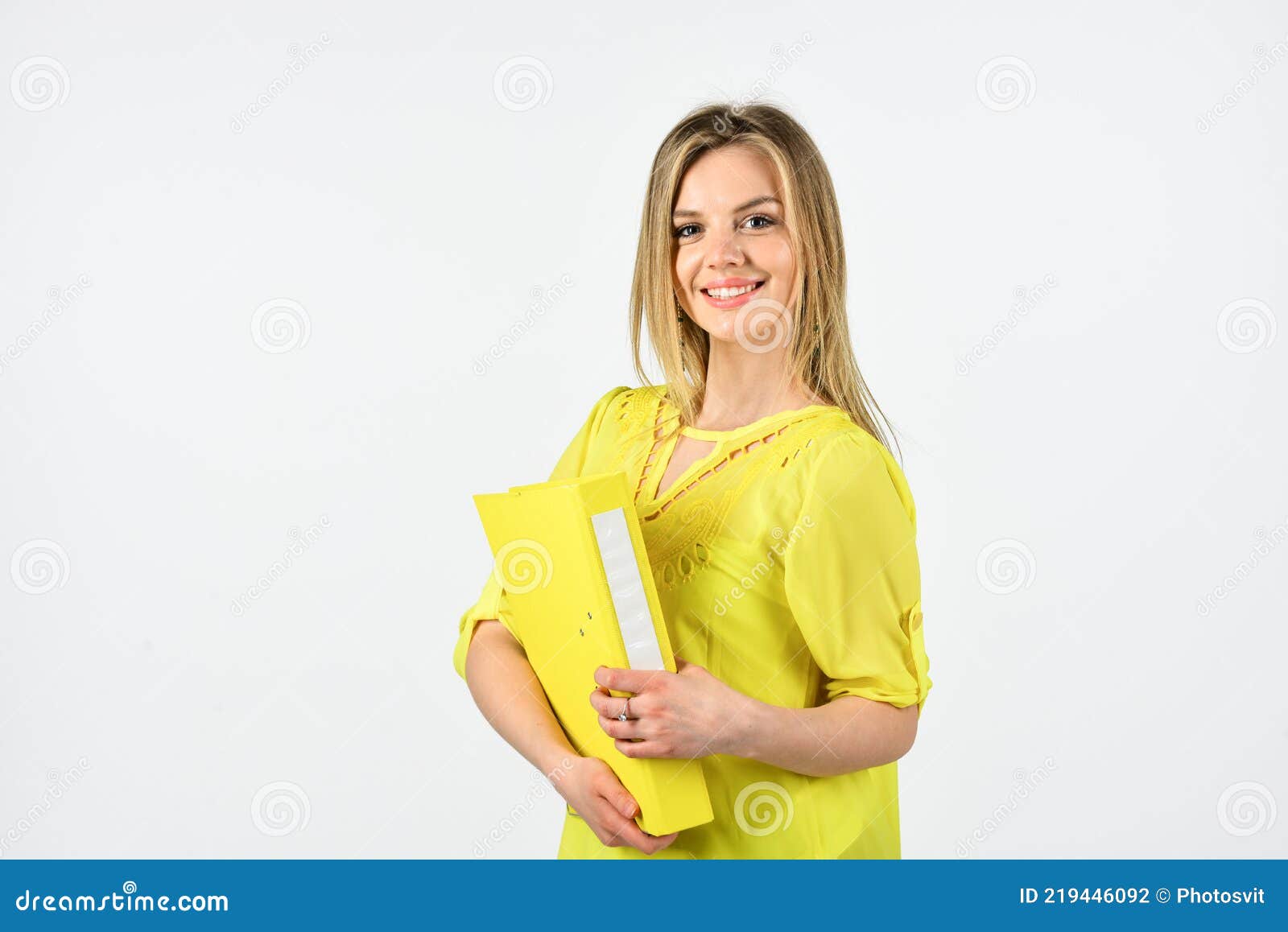 Smiling Kind Woman Hold Folder Documents Administrative Worker, Radiate ...