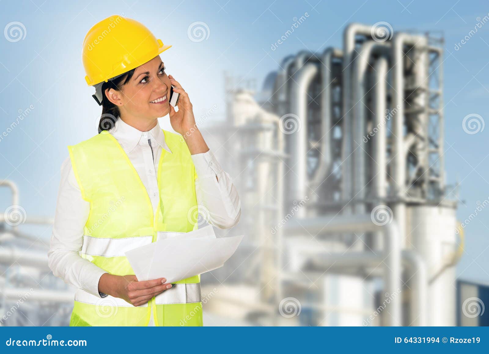 Smiling Lady Engineer Talking on the Phone and the Factory in Th Stock ...