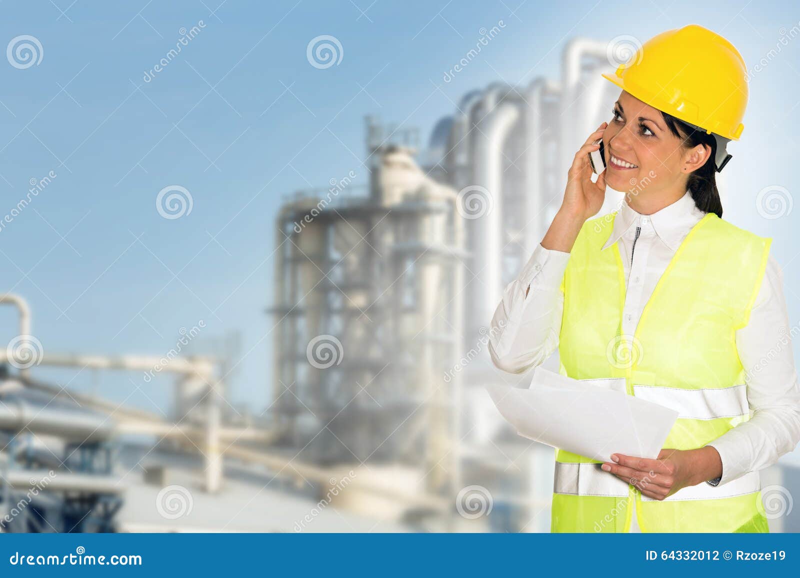 Smiling Lady Engineer Talking on the Phone and the Factory in Th Stock ...