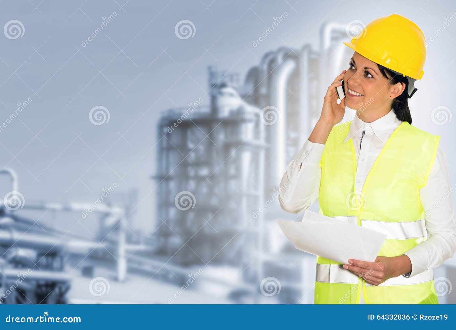 Smiling Lady Engineer Talking on the Phone and the Factory in Th Stock ...
