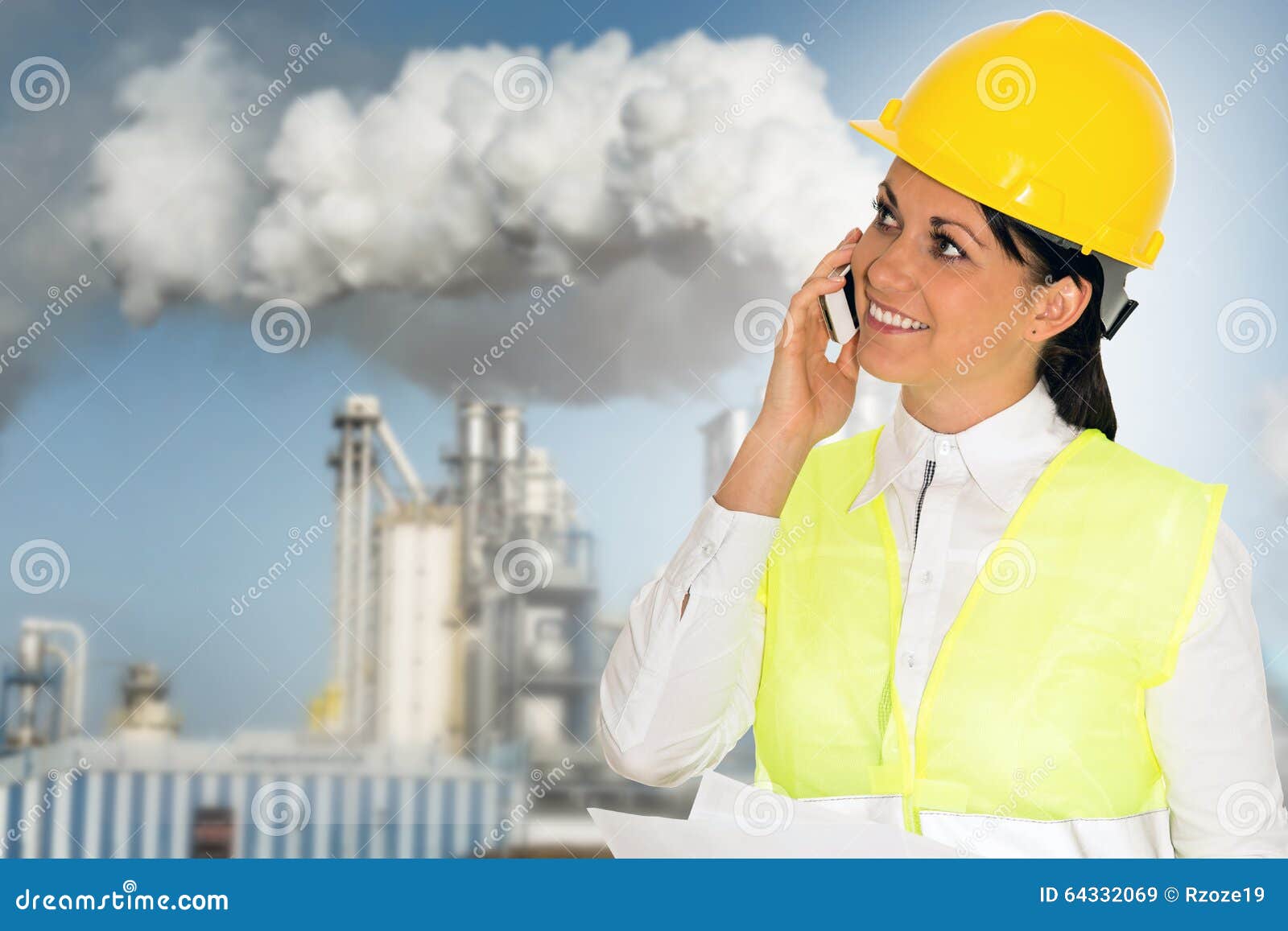 Smiling Lady Engineer Talking on the Phone and the Factory in Th Stock ...
