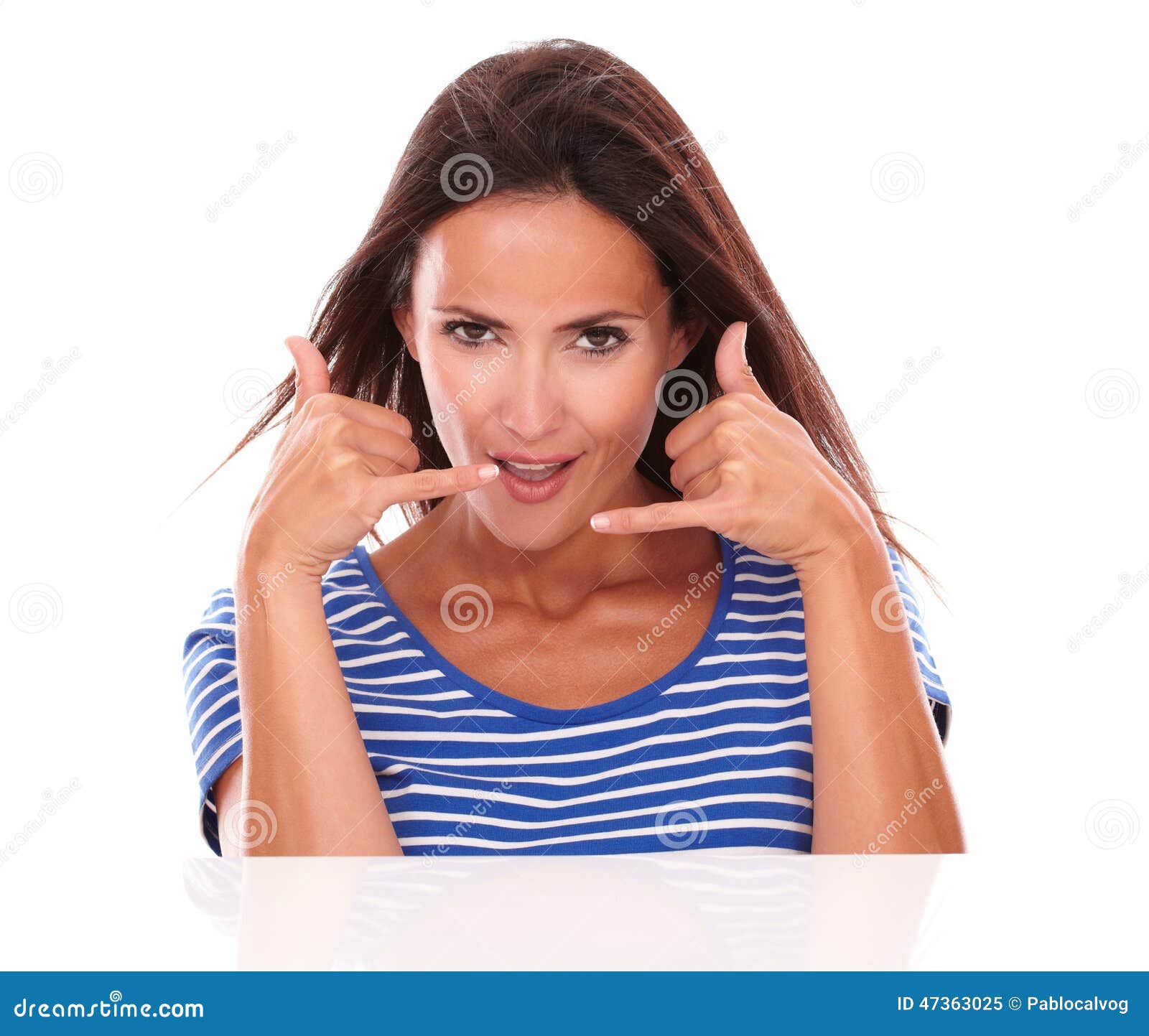 Smiling Lady Gesturing a Phone Calling Sign Stock Image - Image of ...
