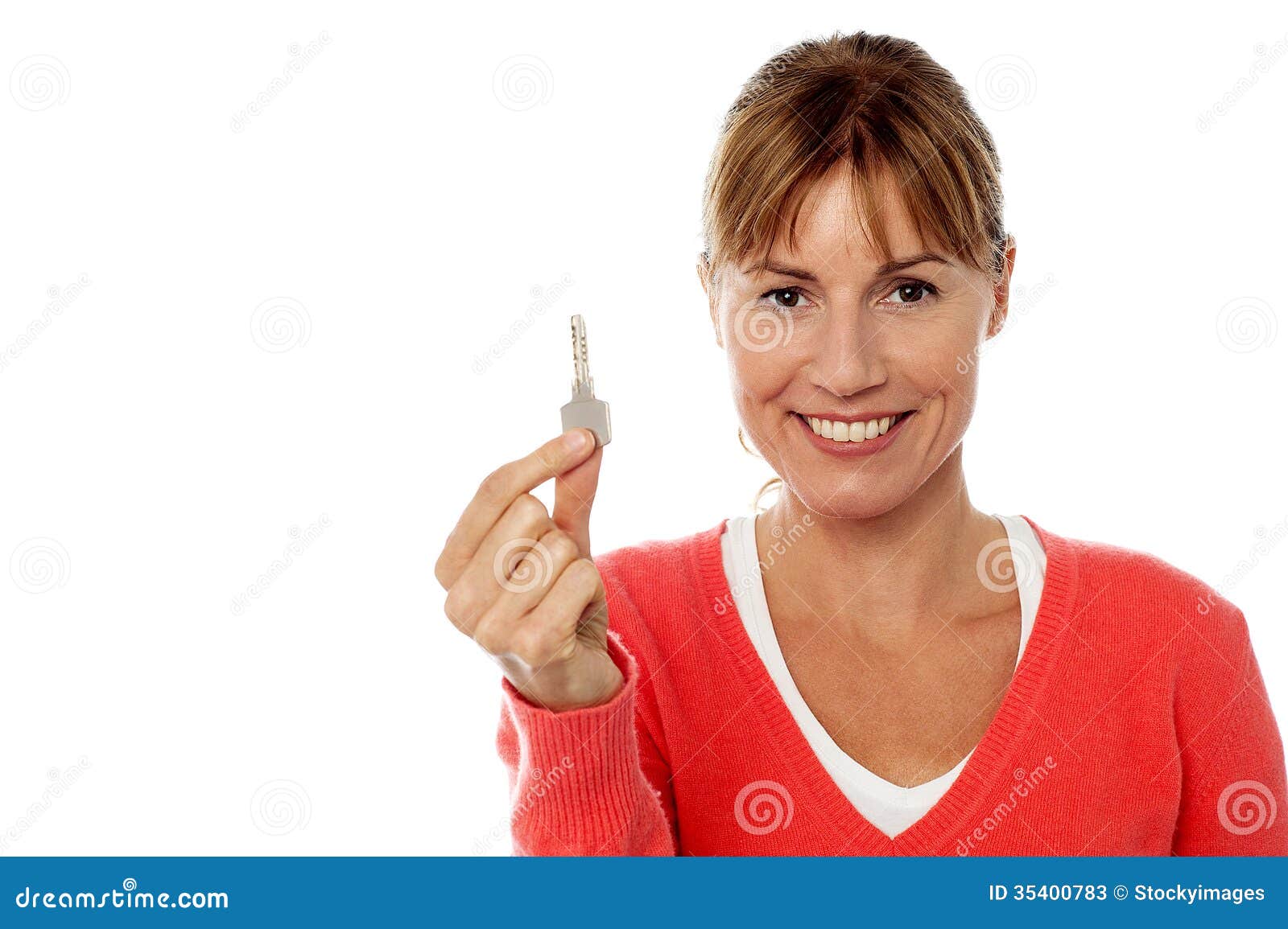 Smiling lady holding a key stock image. Image of cute - 35400783