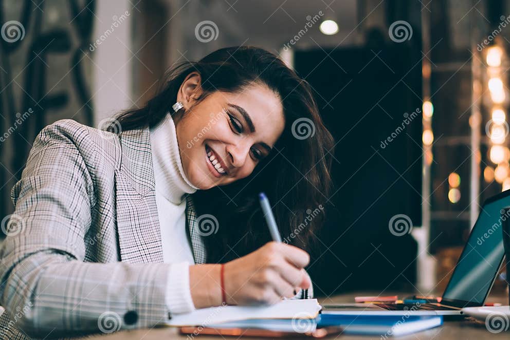 Smiling Lady Making Notes in Notepad Stock Image - Image of gadget ...