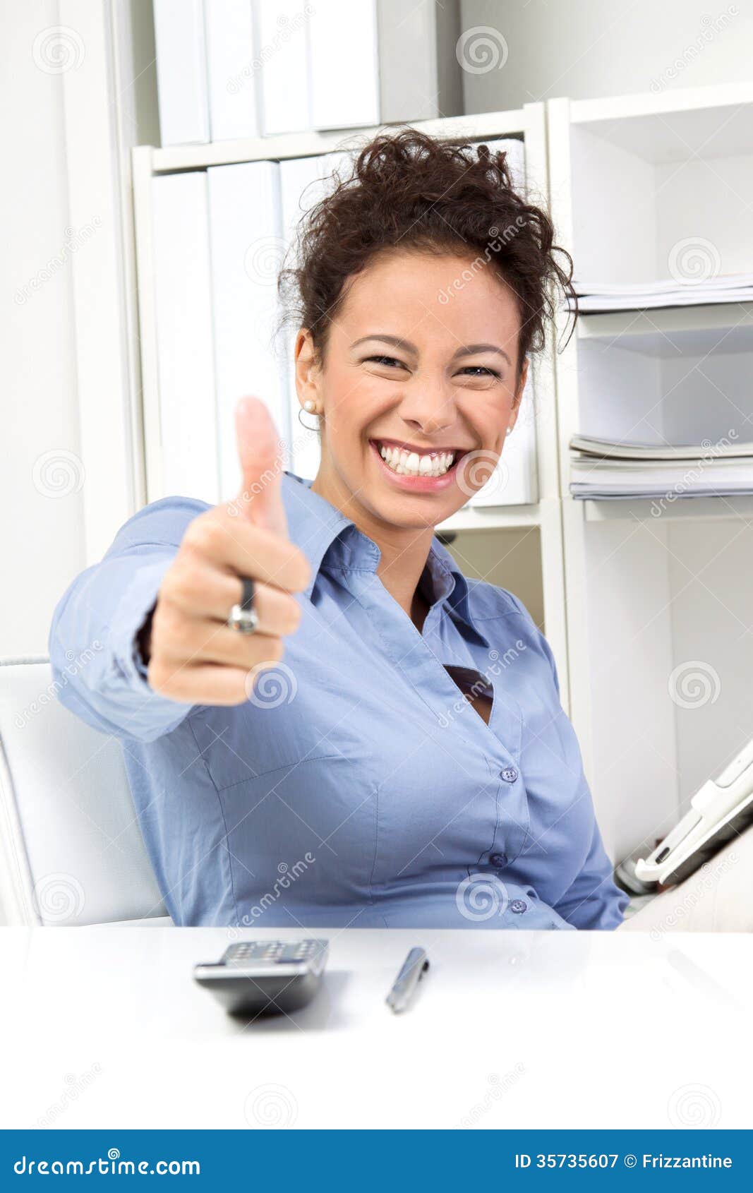 Smiling lady thumbs up stock image. Image of offer, office - 35735607