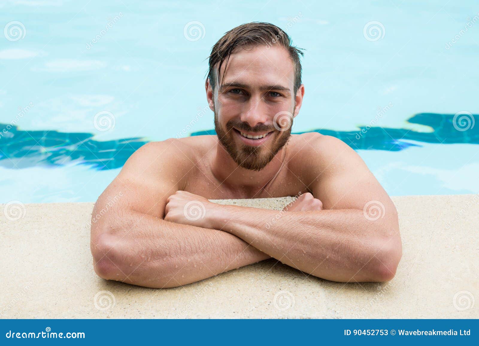 Smiling Lifeguard Leaning on Poolside Stock Image - Image of ...