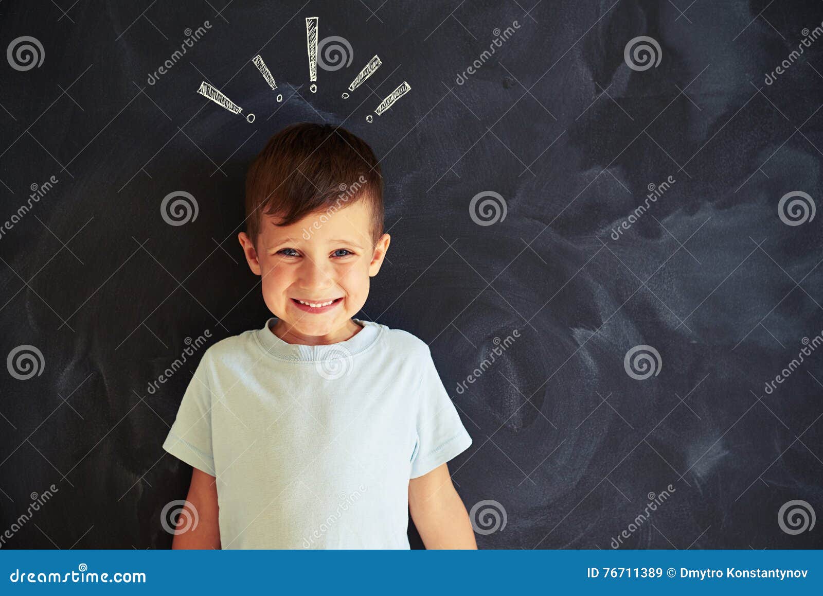 Smiling Little Boy Against Chalk Drawing of Exclamation Marks Stock ...