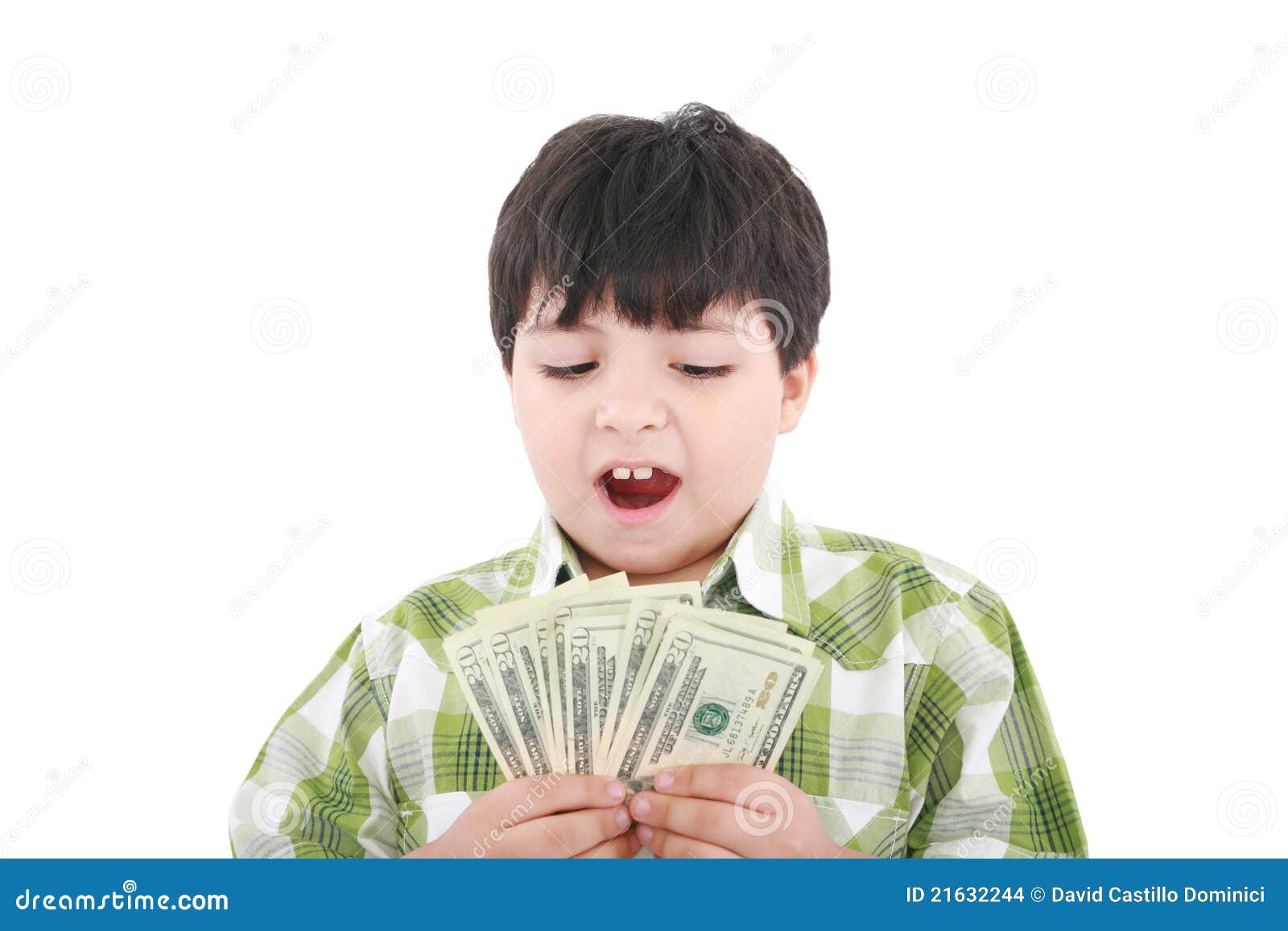 A Smiling Little Boy is Counting Money Stock Photo - Image of close ...