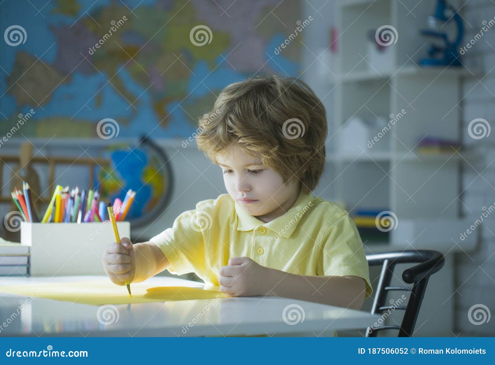Smiling Little Boy Drawing in the Room. Stock Photo - Image of lesson ...