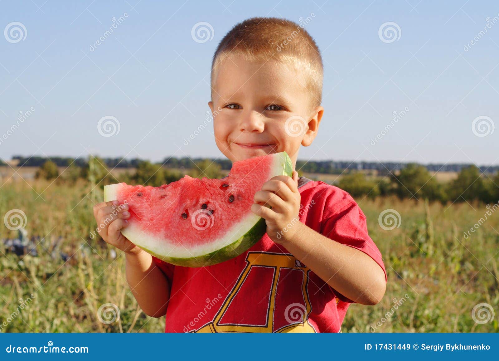 Smiling Little Boy Eating Watermelon Stock Image - Image of eating ...