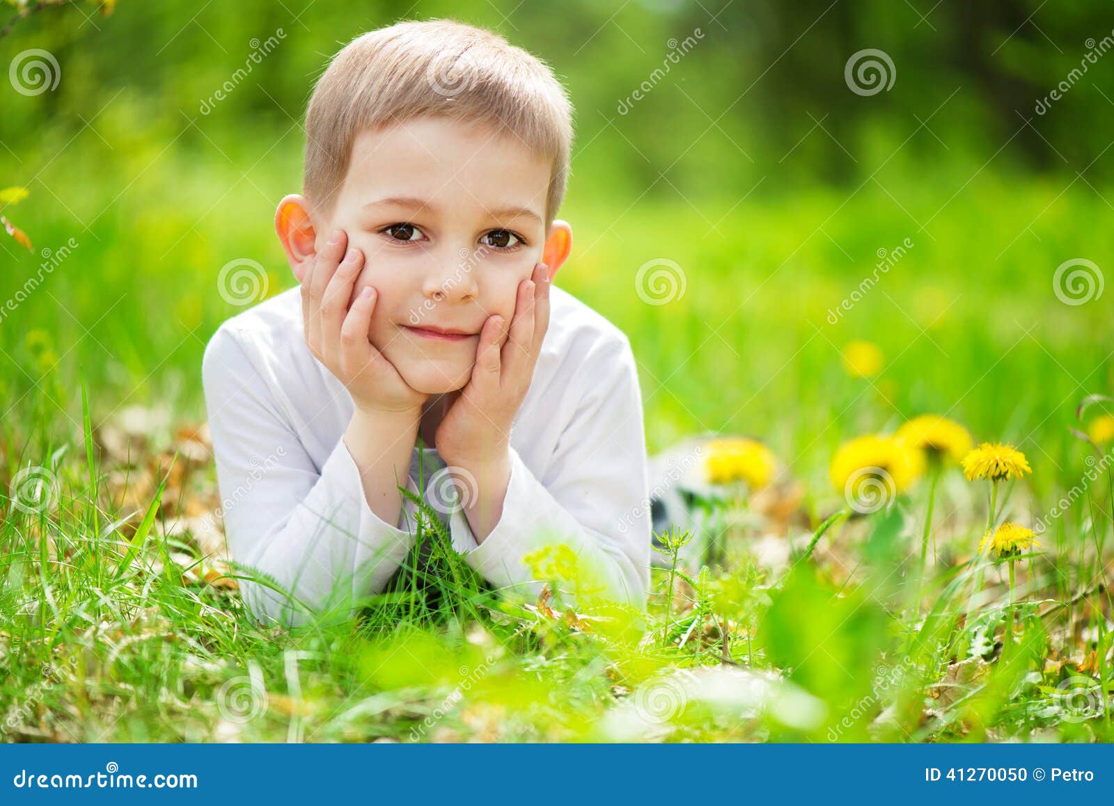 Smiling Little Boy Lying in Green Grass Stock Photo - Image of cheerful ...