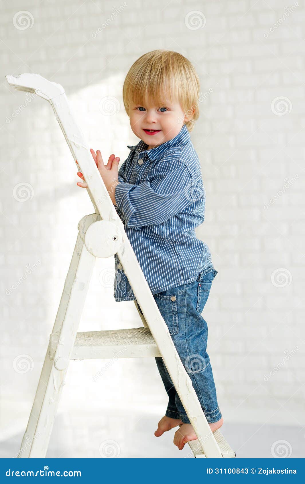 Smiling Little Boy Standing on the Step of a Ladder Stock Image - Image ...