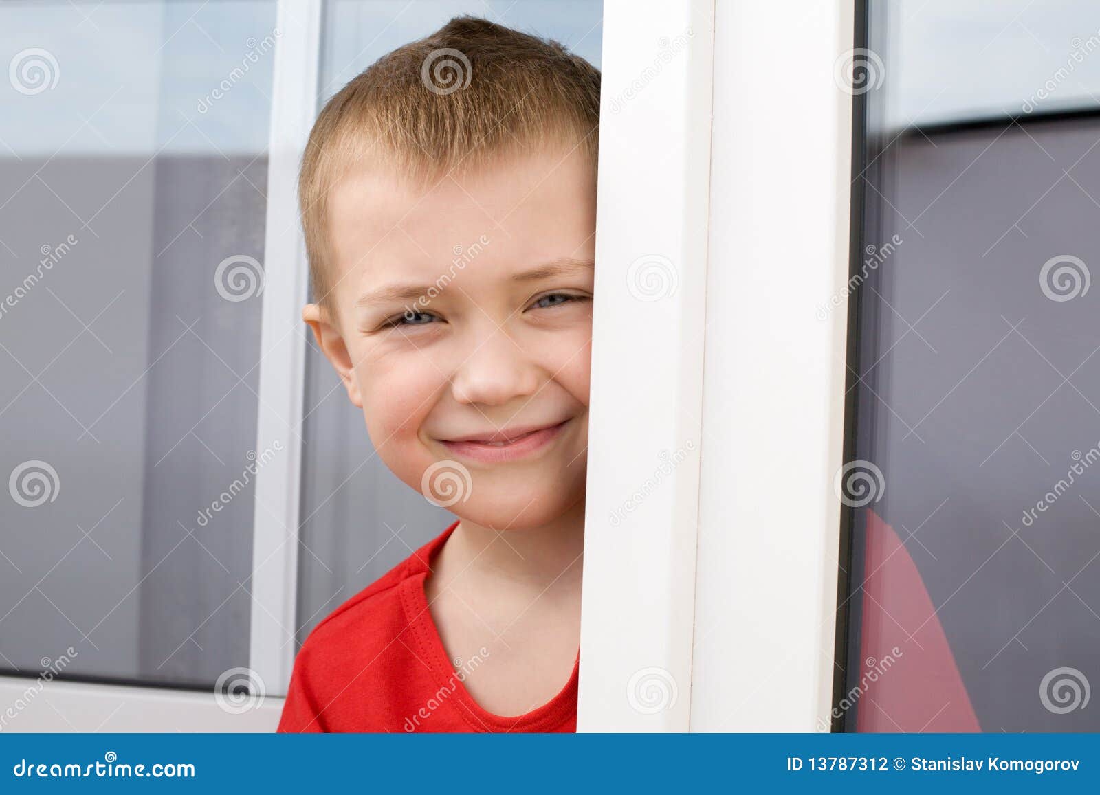 Smiling Little Boy at the Window Stock Photo - Image of window, small ...
