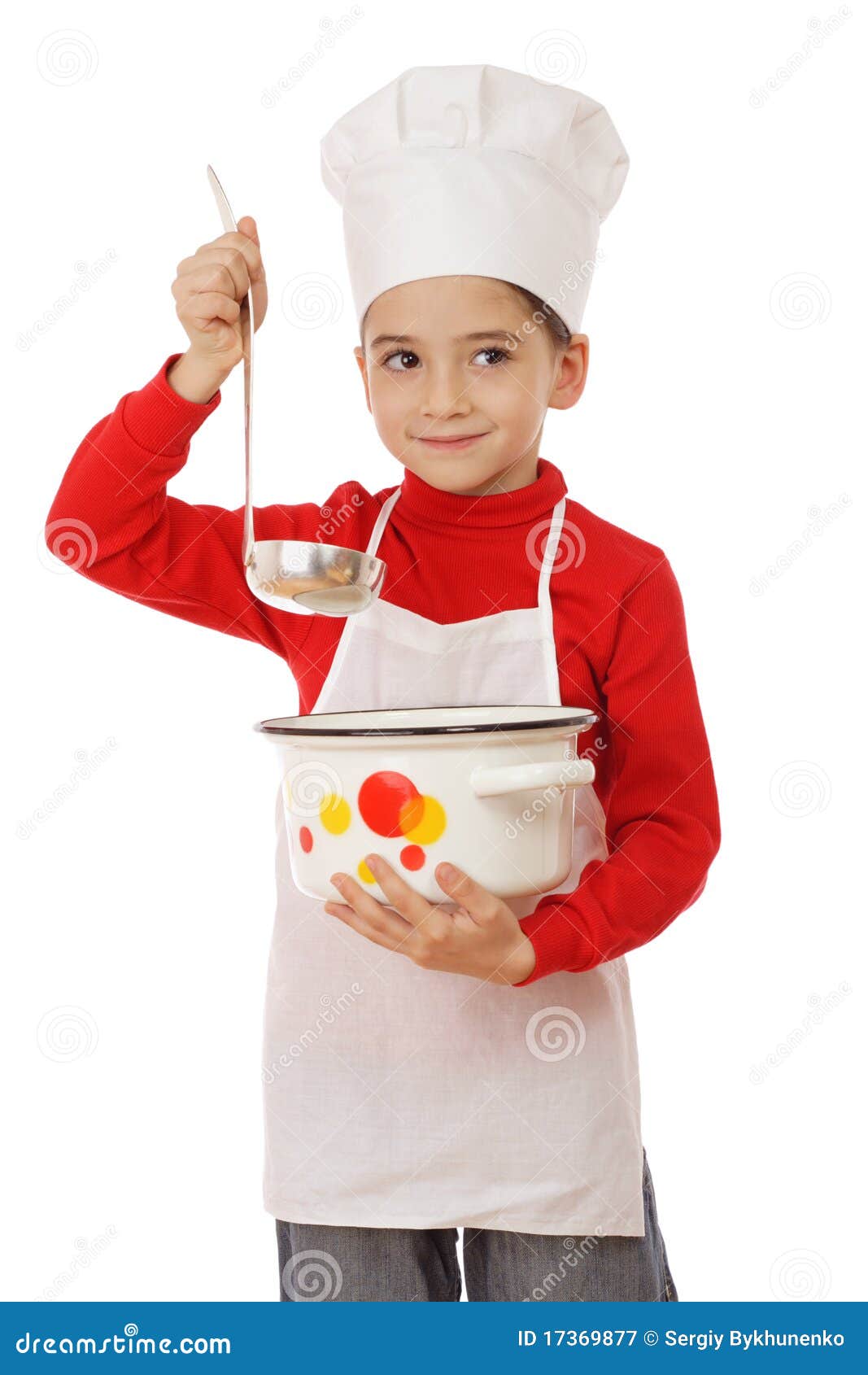 Smiling Little Chief-cooker with Ladle and Pot Stock Image - Image of ...