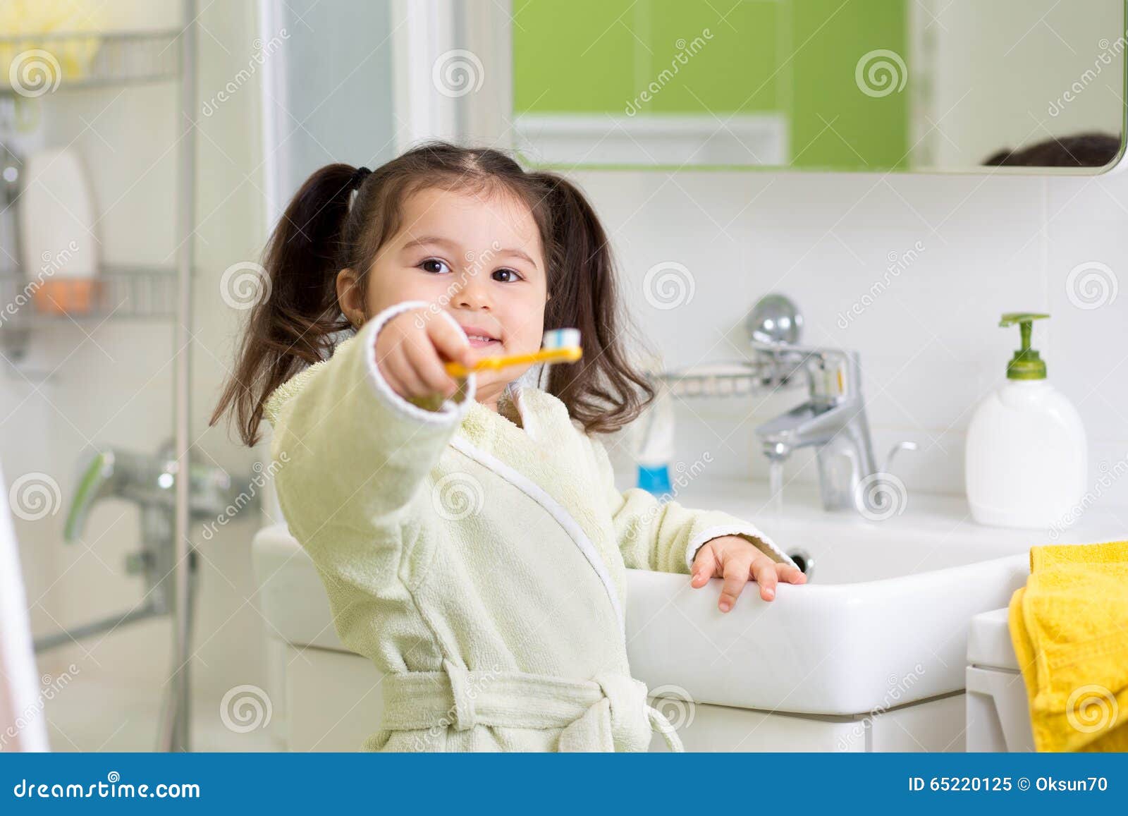 Smiling Little Girl Brushing Teeth in Bath Stock Image - Image of ...
