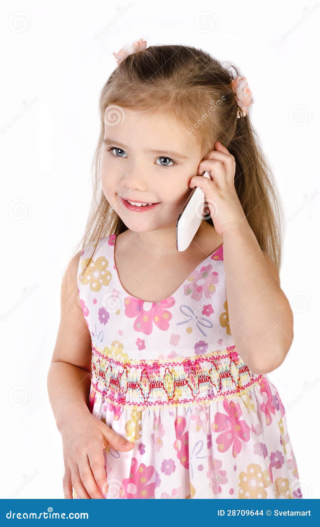 Smiling Little Girl Speaking by Cell Phone Stock Photo - Image of girl ...