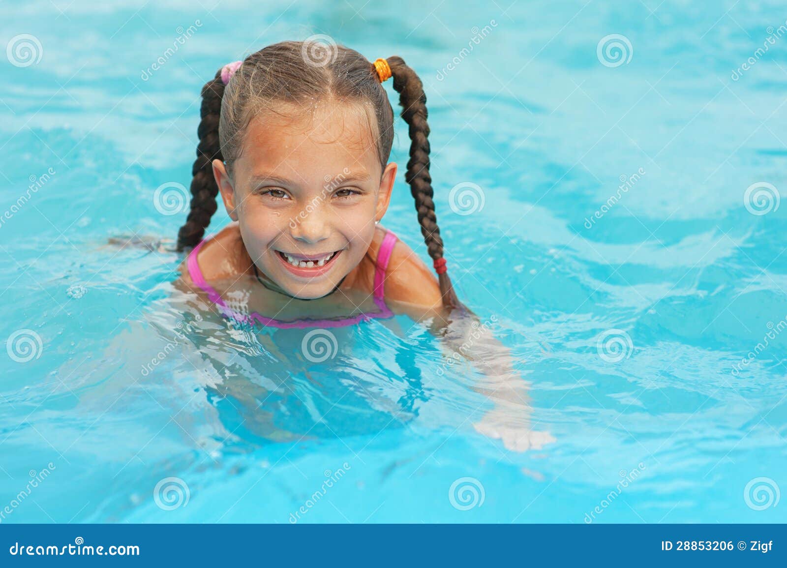 Smiling Little Girl Swims in Pool Stock Photo - Image of aquatic ...
