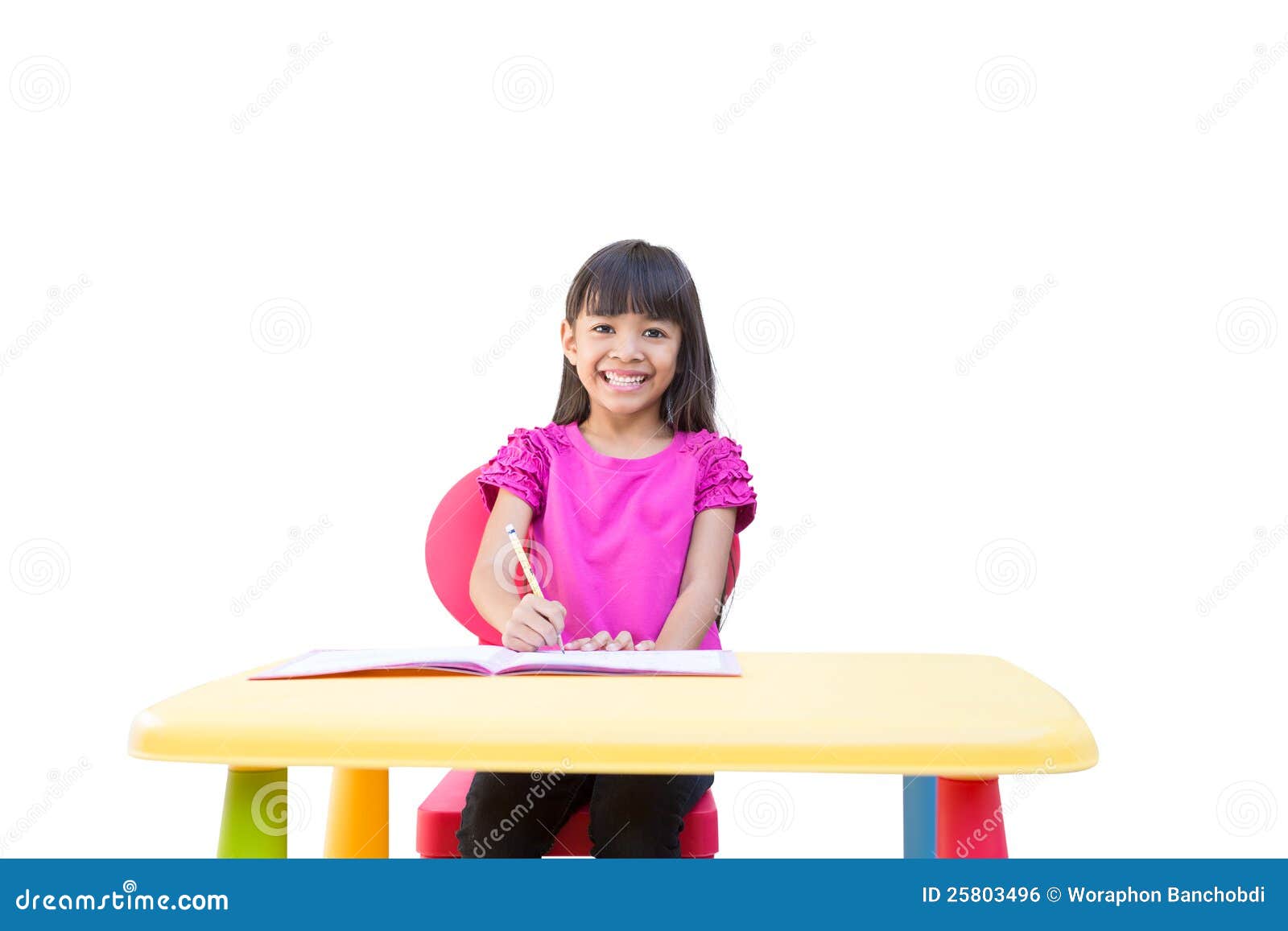 Smiling Little Girl Writing on the Desk Stock Photo - Image of joyful ...