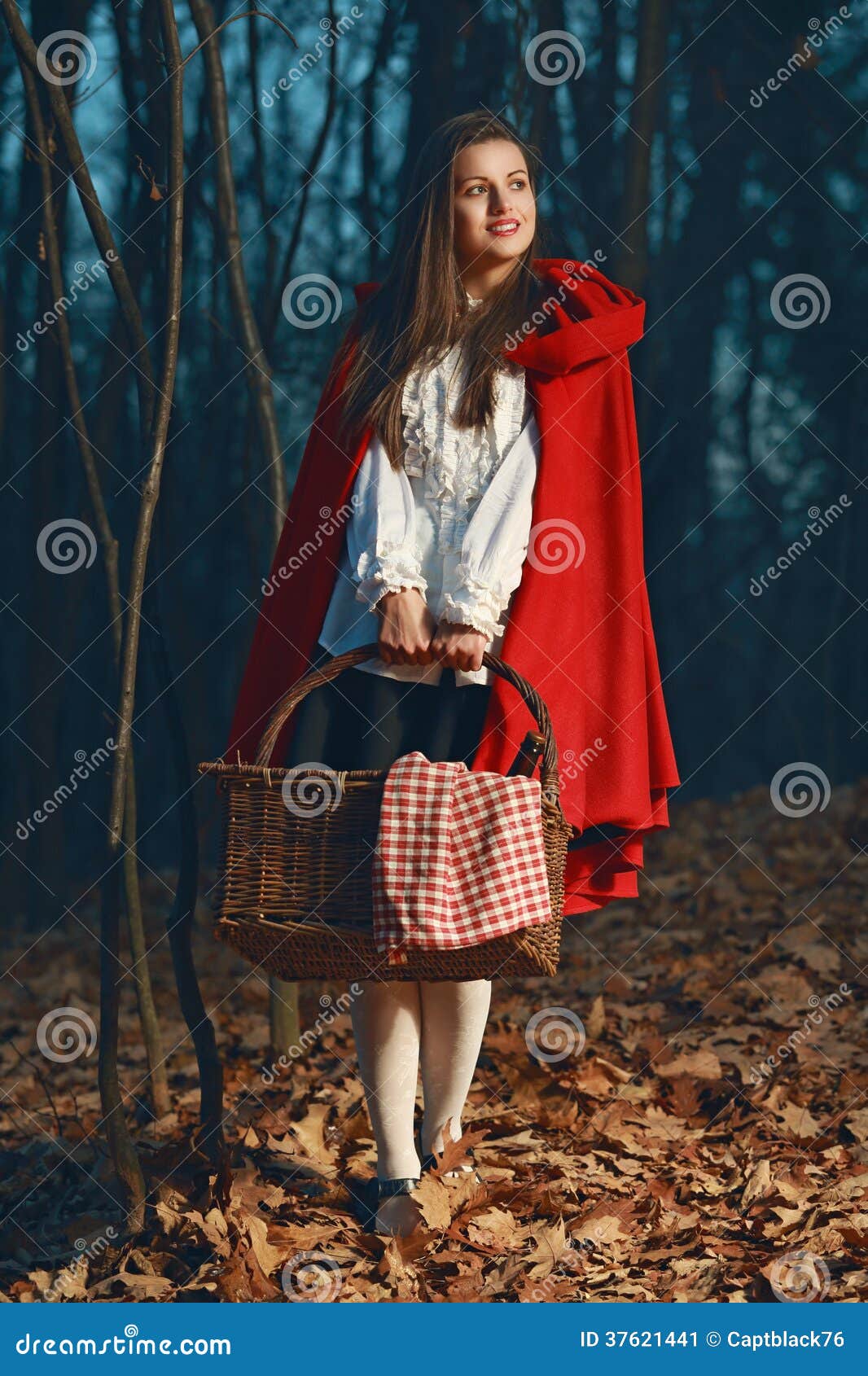Smiling Little Red Riding Hood in the Forest at Night Stock Image ...