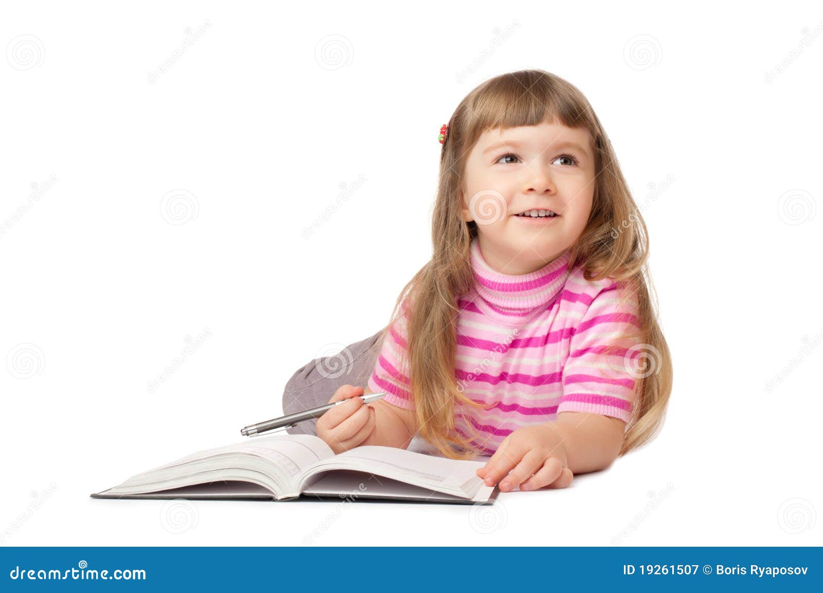 Smiling Little Writing Girl Stock Image - Image of isolated, floor ...