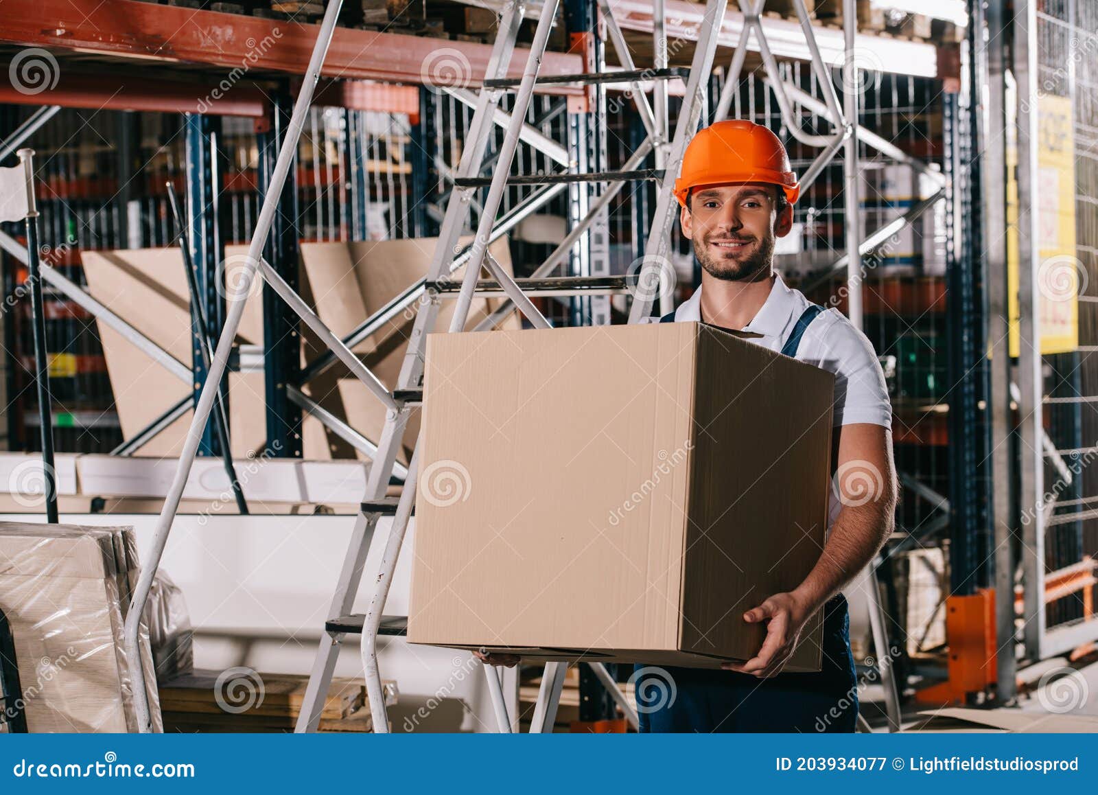 Smiling Loader Holding Cardboard Box and Stock Image - Image of boxes ...