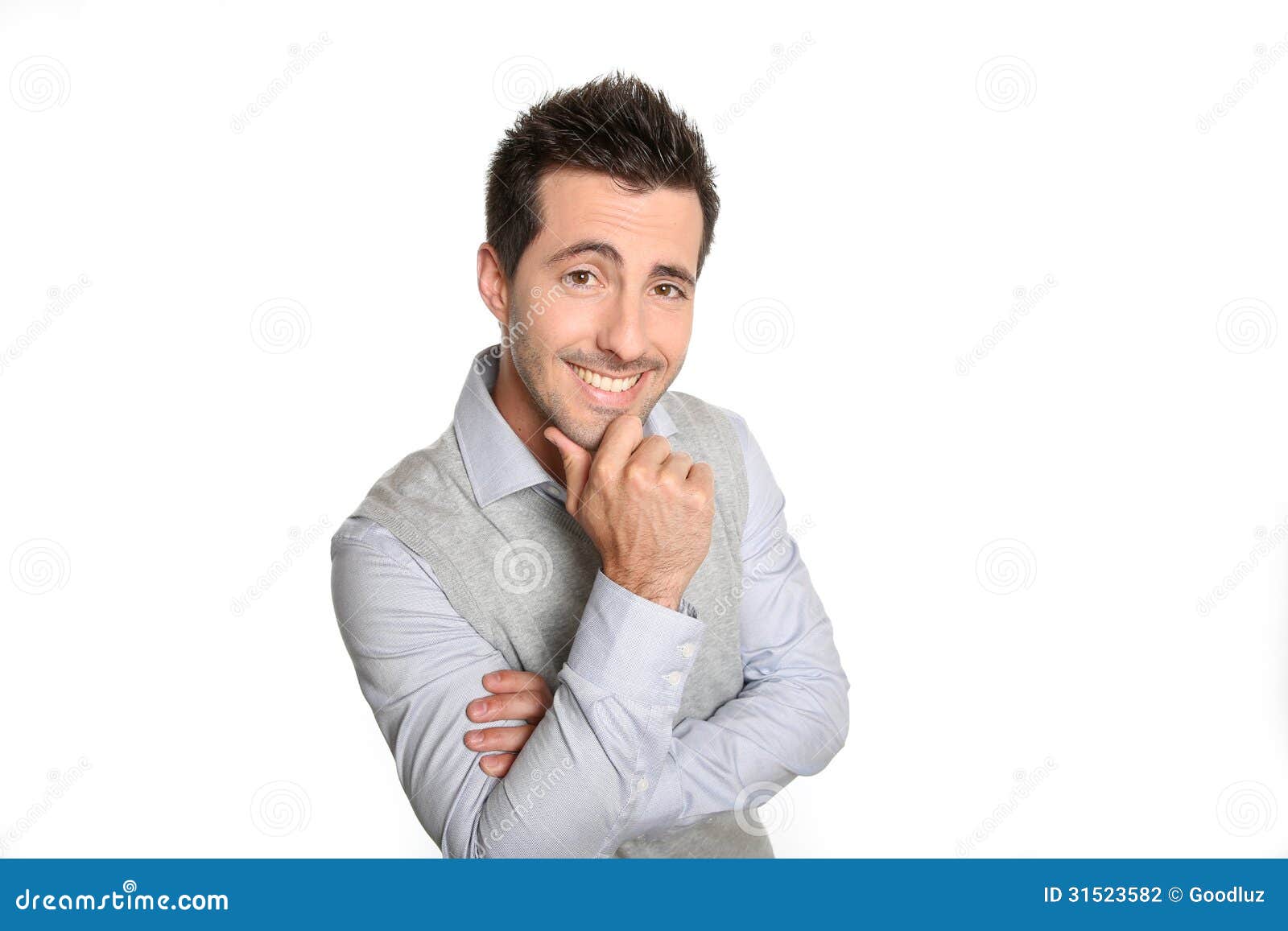 Smiling Look for this Man with Hand Under Chin Stock Photo - Image of ...