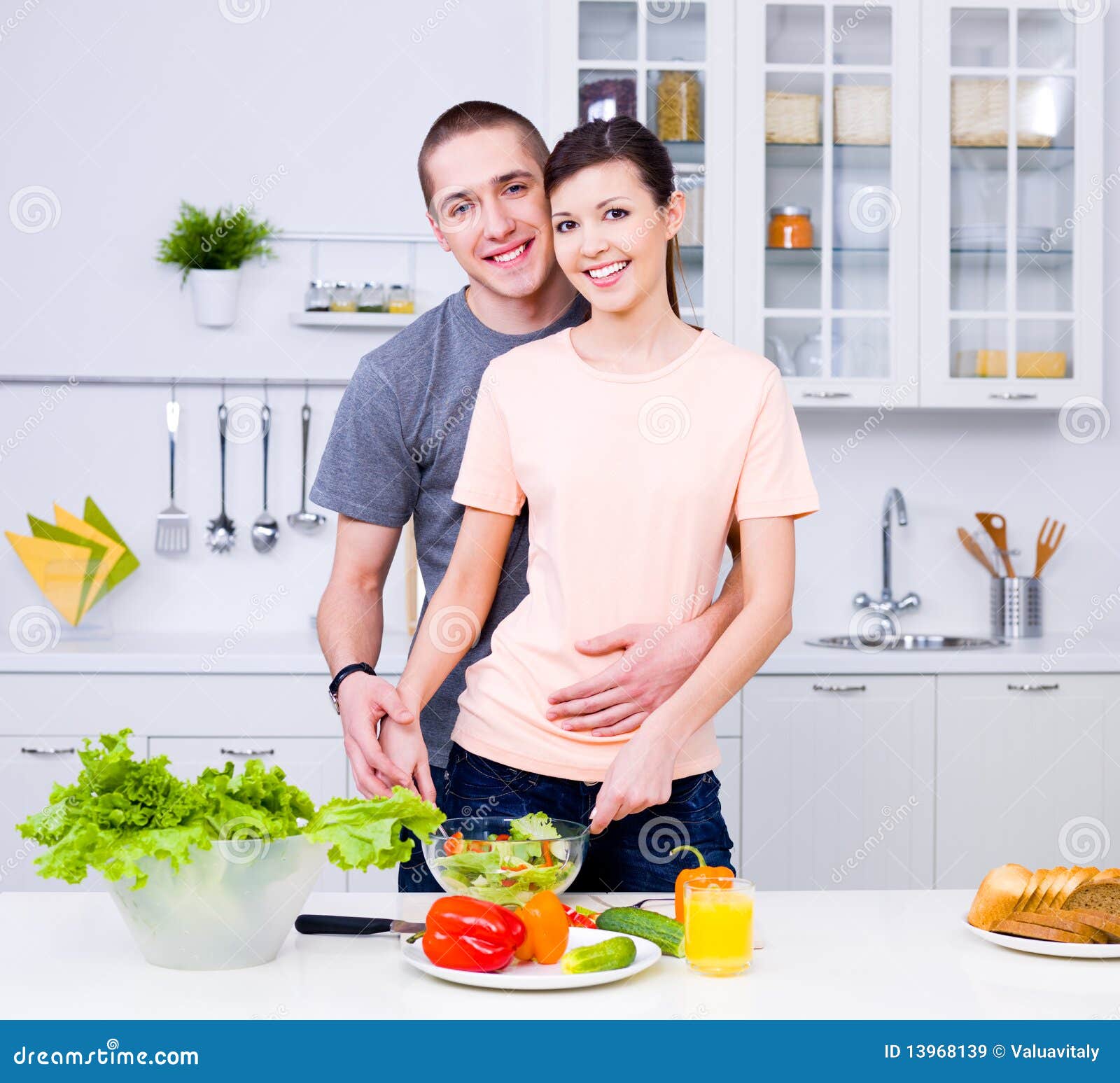 Smiling Lovers Cooking in the Kitchen Stock Image - Image of morning ...