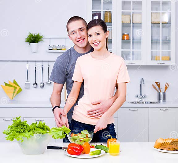 Smiling Lovers Cooking in the Kitchen Stock Image - Image of morning ...