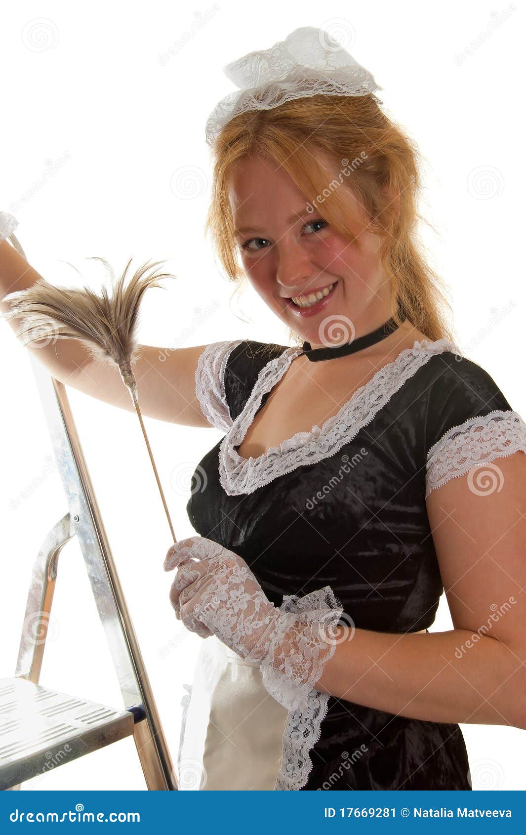 Smiling Maid with a Feather Duster Stock Image - Image of isolated ...
