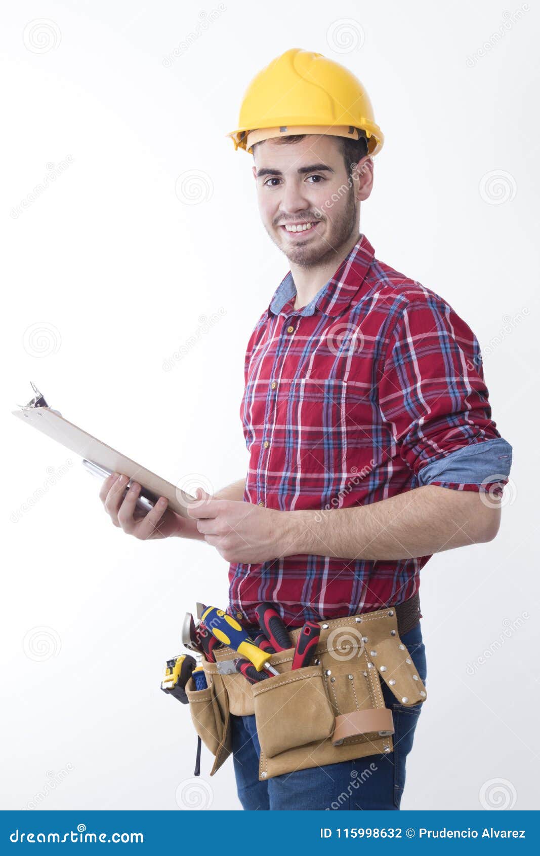 Young Construction Worker with Tools and Clipboard Stock Photo - Image ...