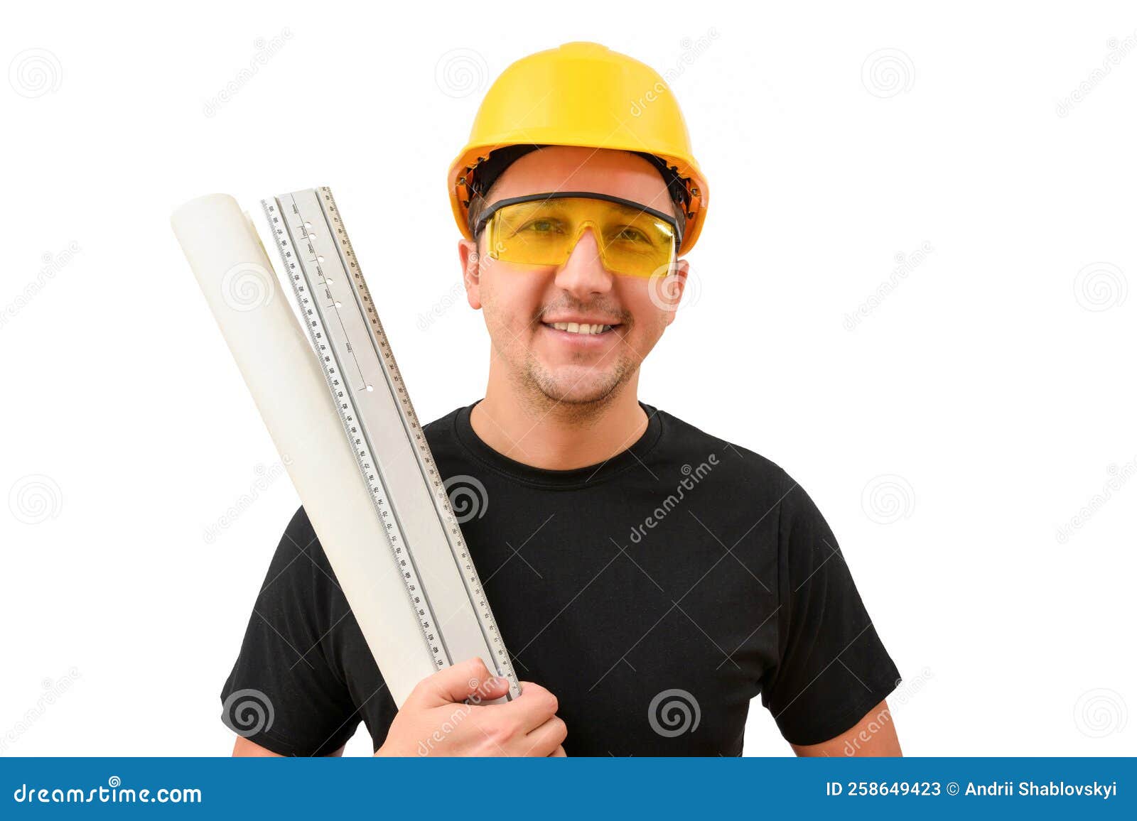Smiling Male Engineer in Yellow Helmet Looking at Camera on White ...