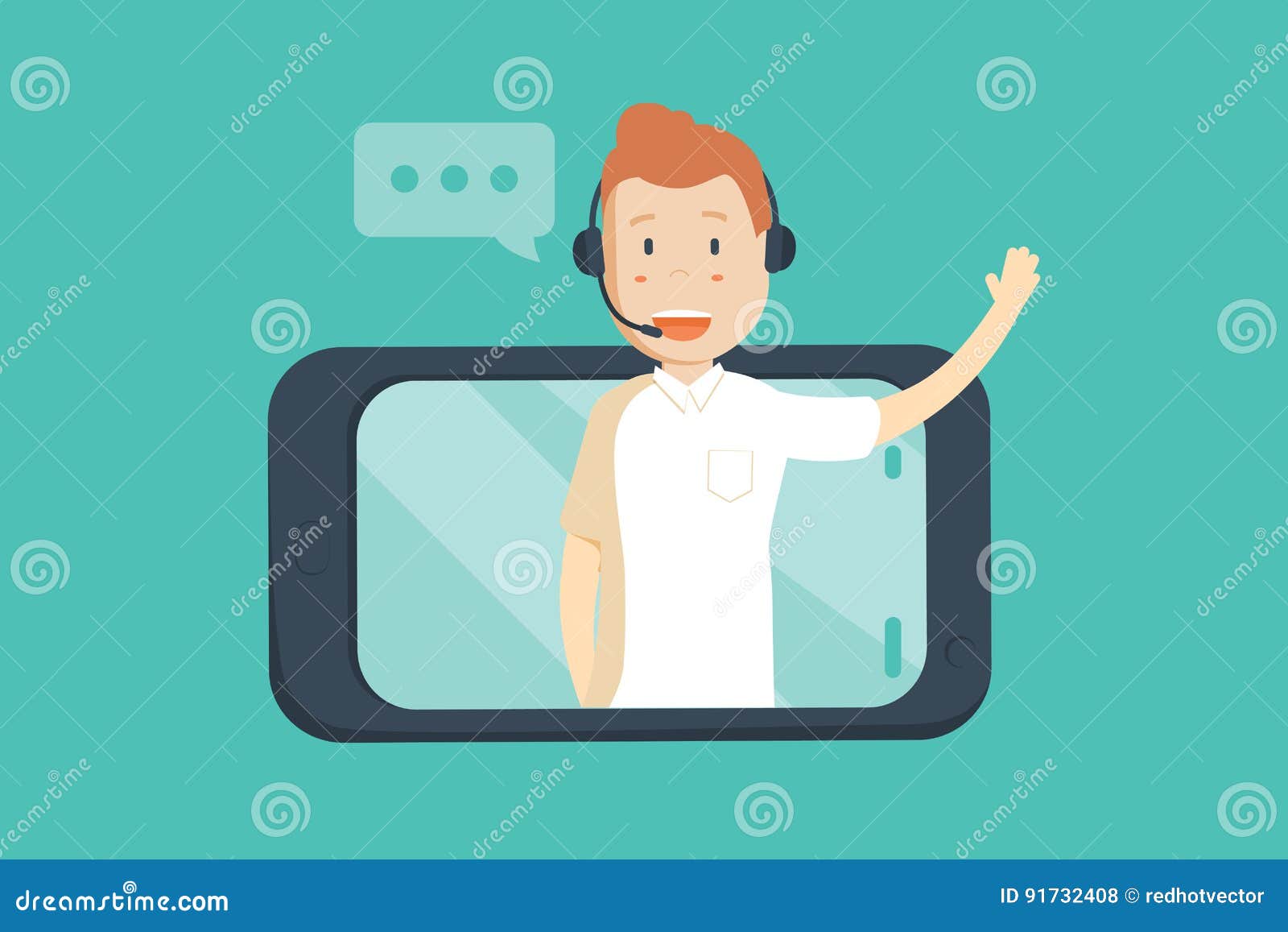 Smiling Male Operator with Headset Speaking from Screen of a Smart ...