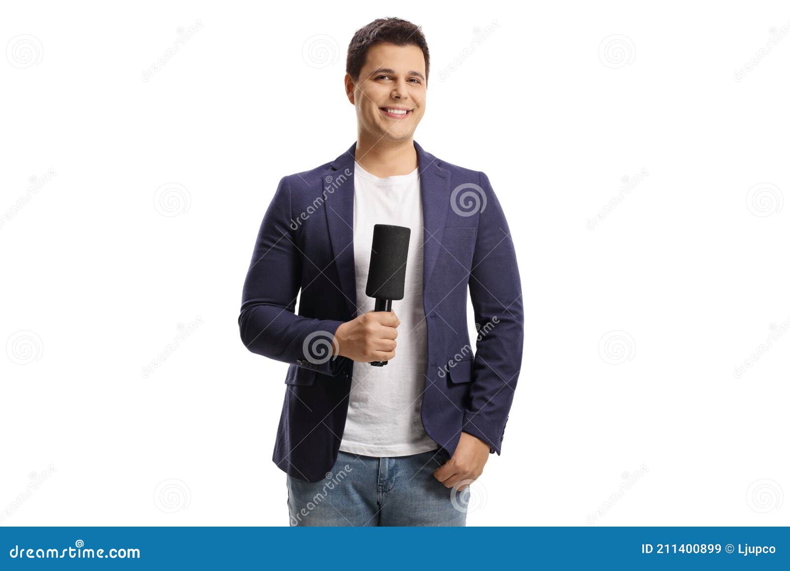 Smiling Male Reporter with a Microphone Stock Image - Image of ...