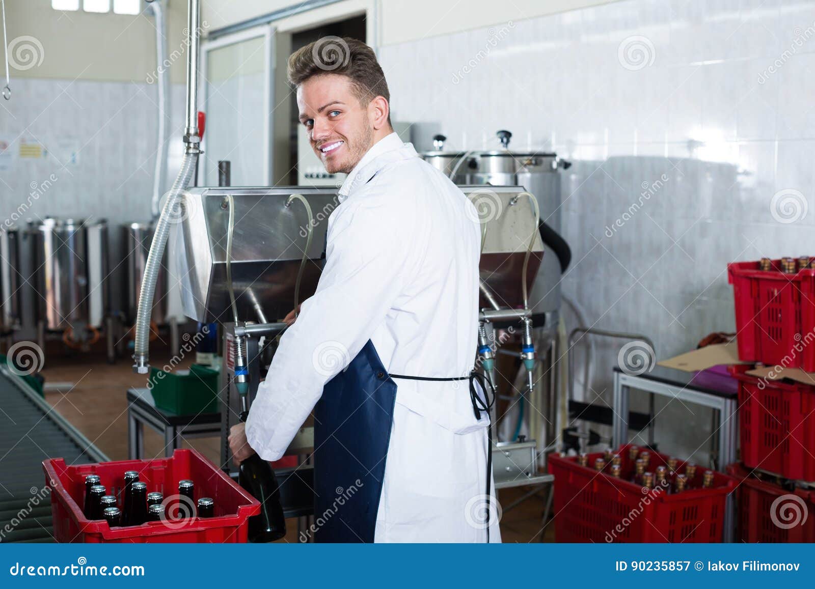 Smiling Male Worker Using Machine at Sparkling Wine Factory Stock Image ...