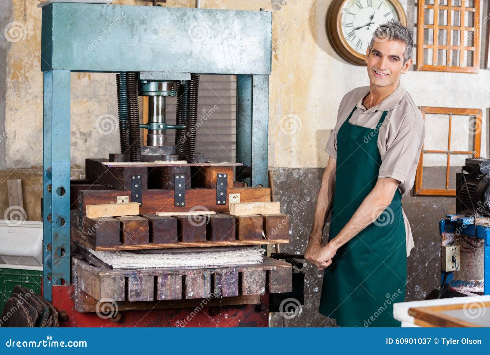 Smiling Male Worker Using Paper Press Machine Stock Image - Image of ...