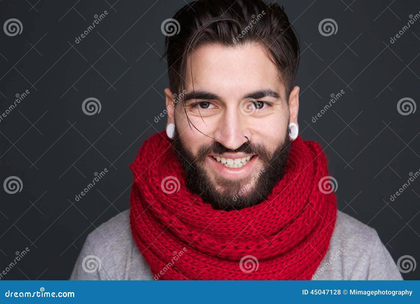 Smiling Man with Beard and Red Scarf Stock Photo - Image of fashionable ...