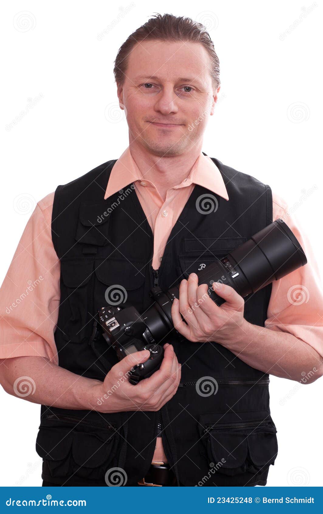 Smiling Man with a Camera and Huge Lens Stock Photo - Image of digital ...