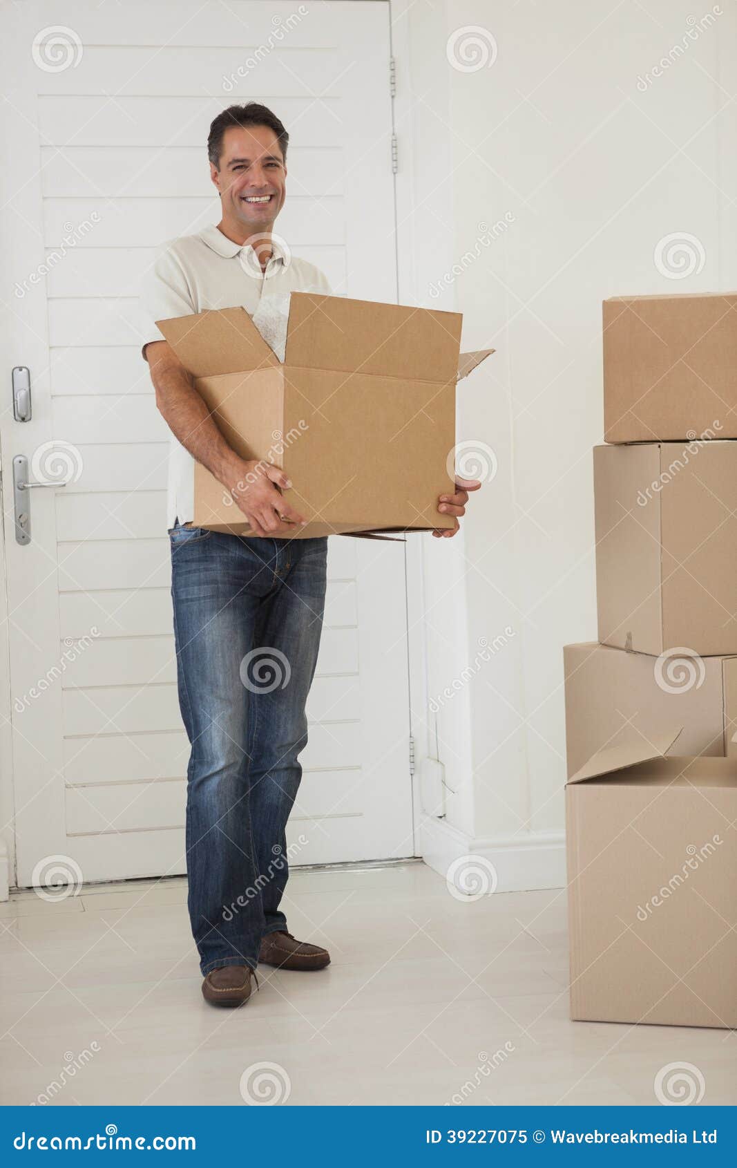 Smiling Man Carrying Boxes in New House Stock Image - Image of home ...