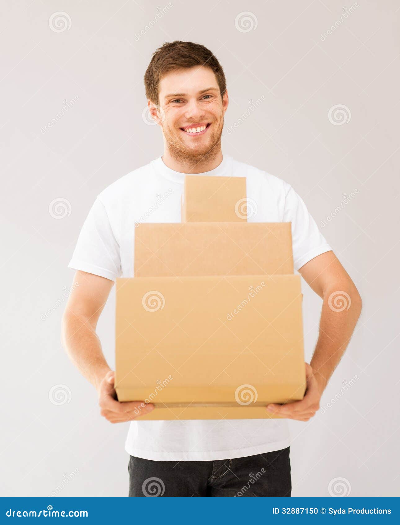 Smiling Man Carrying Carton Boxes Stock Photo - Image of carrying ...