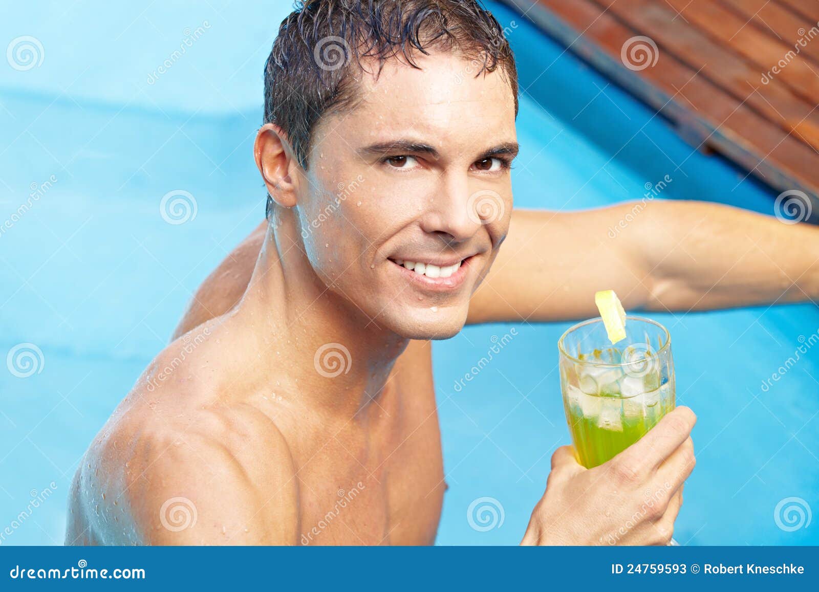 Smiling Man with Drink in Pool Stock Image - Image of happy, blue: 24759593
