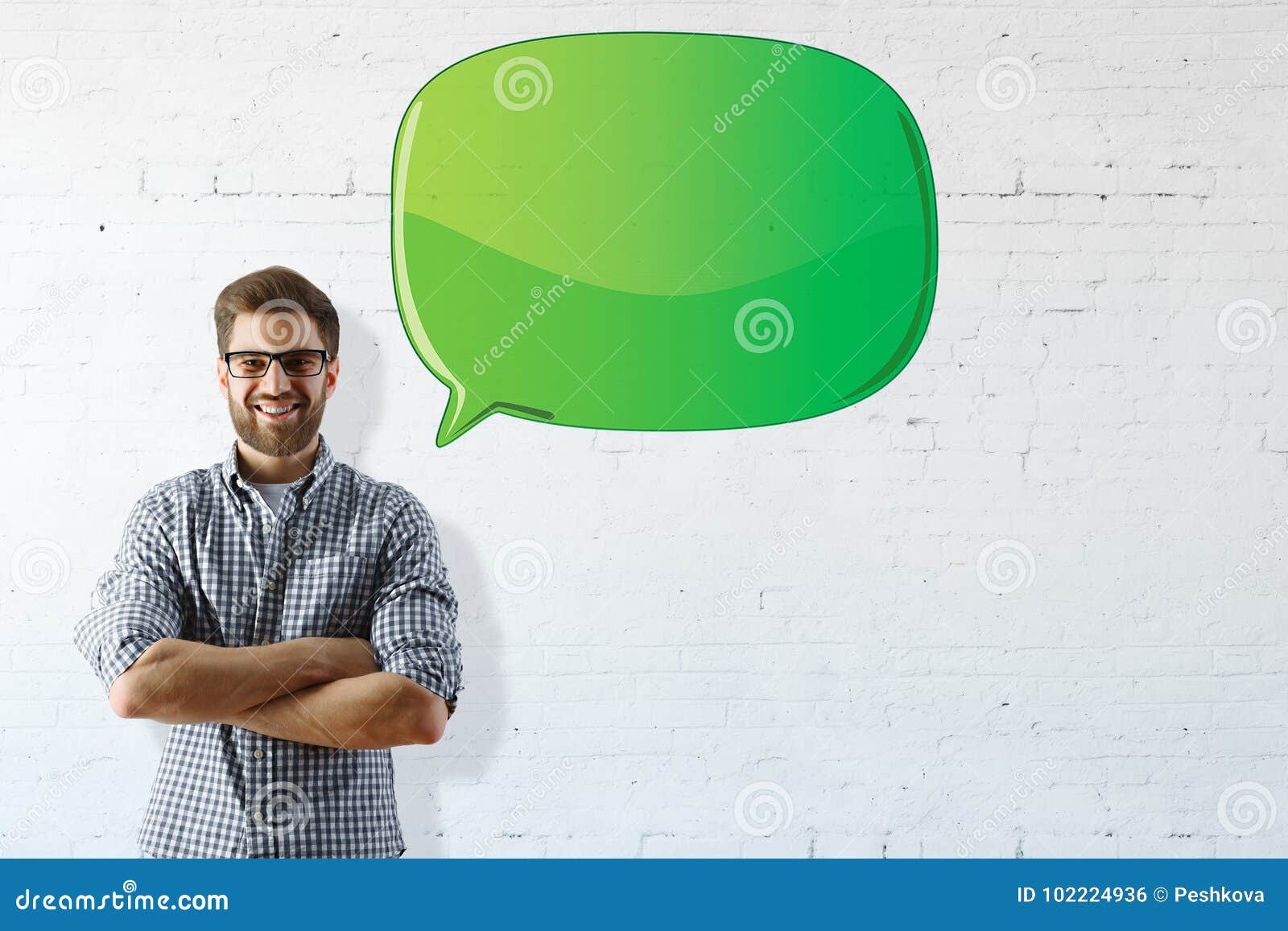 Smiling Man with Empty Speech Bubble Stock Photo - Image of folded ...